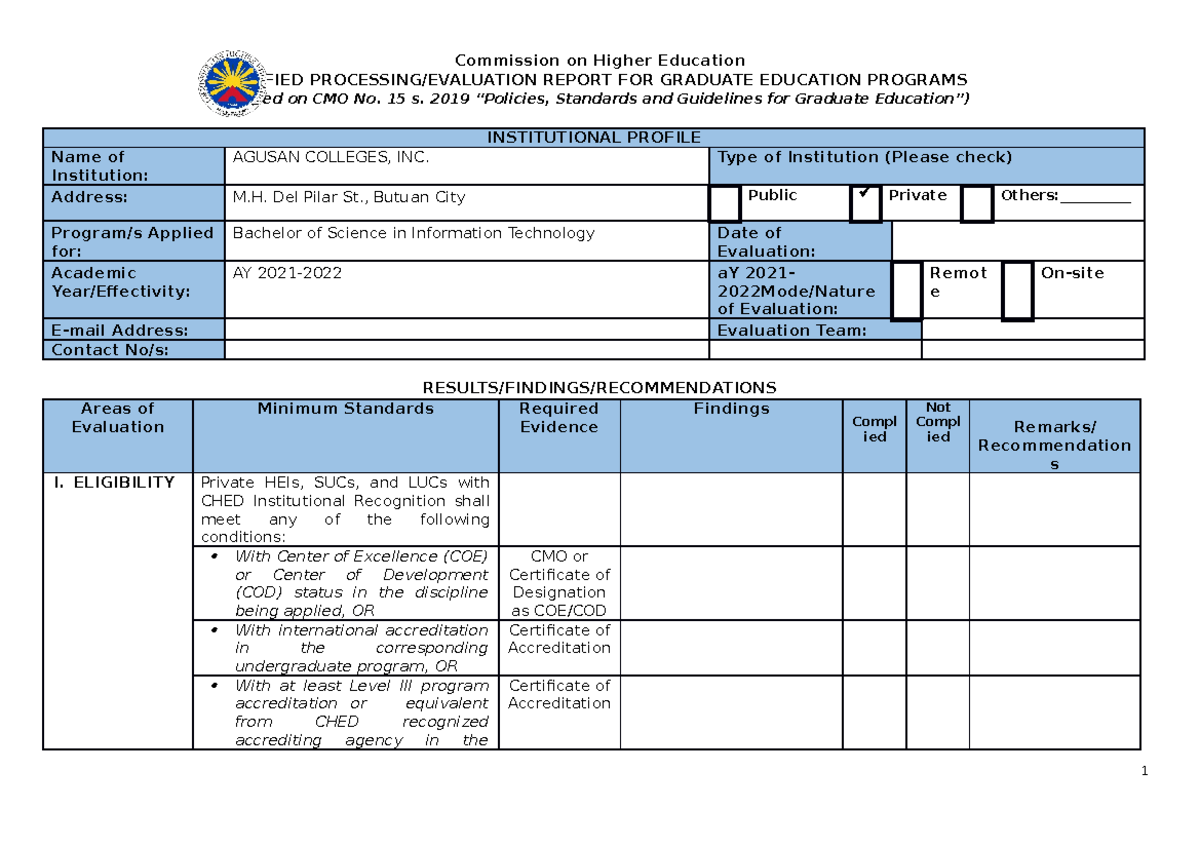 MA CMO15s2019 Evaluation Tool for Graduate Education Programs - Studocu