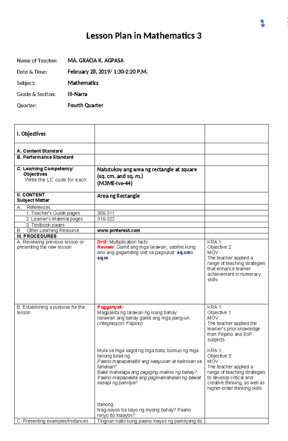Lesson Plan: Area of Rectangles & Squares (Math 3) - Studocu
