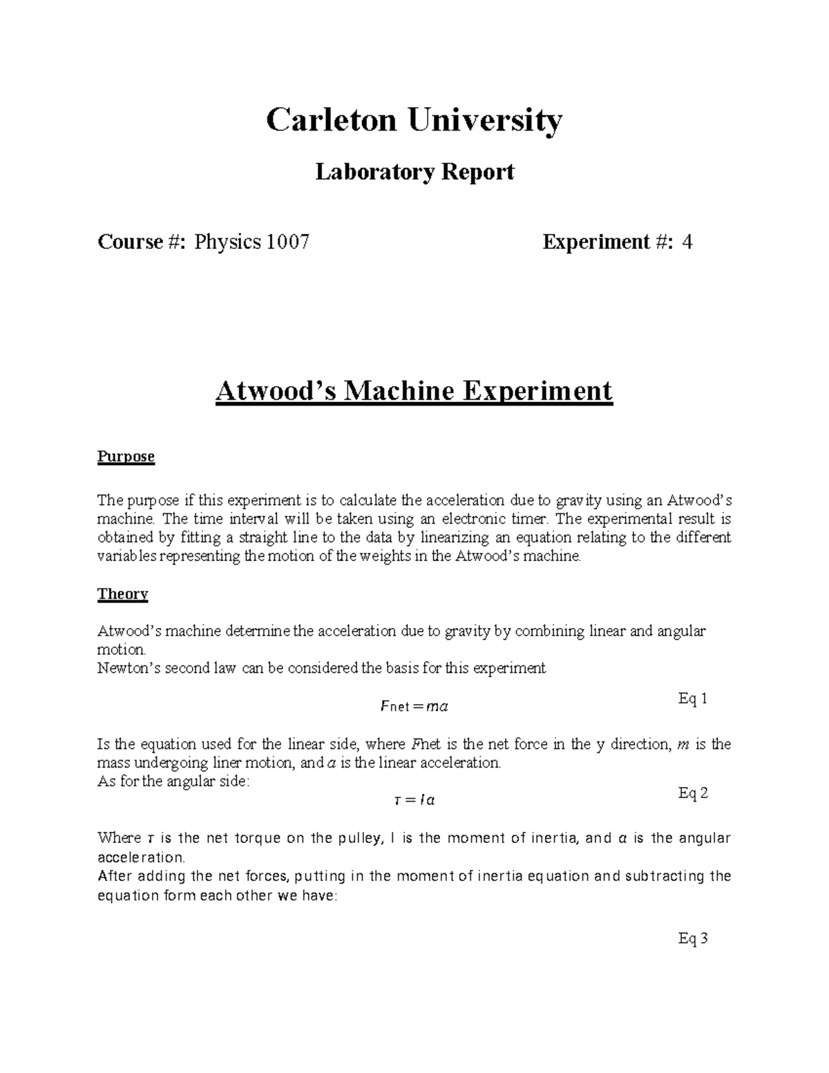 Physics 1007 Lab Report: Atwood's Machine Experiment Insights - Studocu