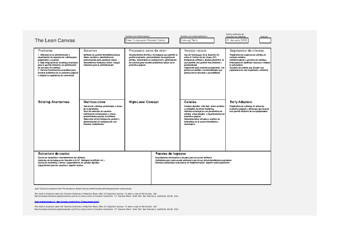 Formato Lean Canvas AC IV - Version: Excel implementation by: Neos Chronos Limited (neoschronos ...