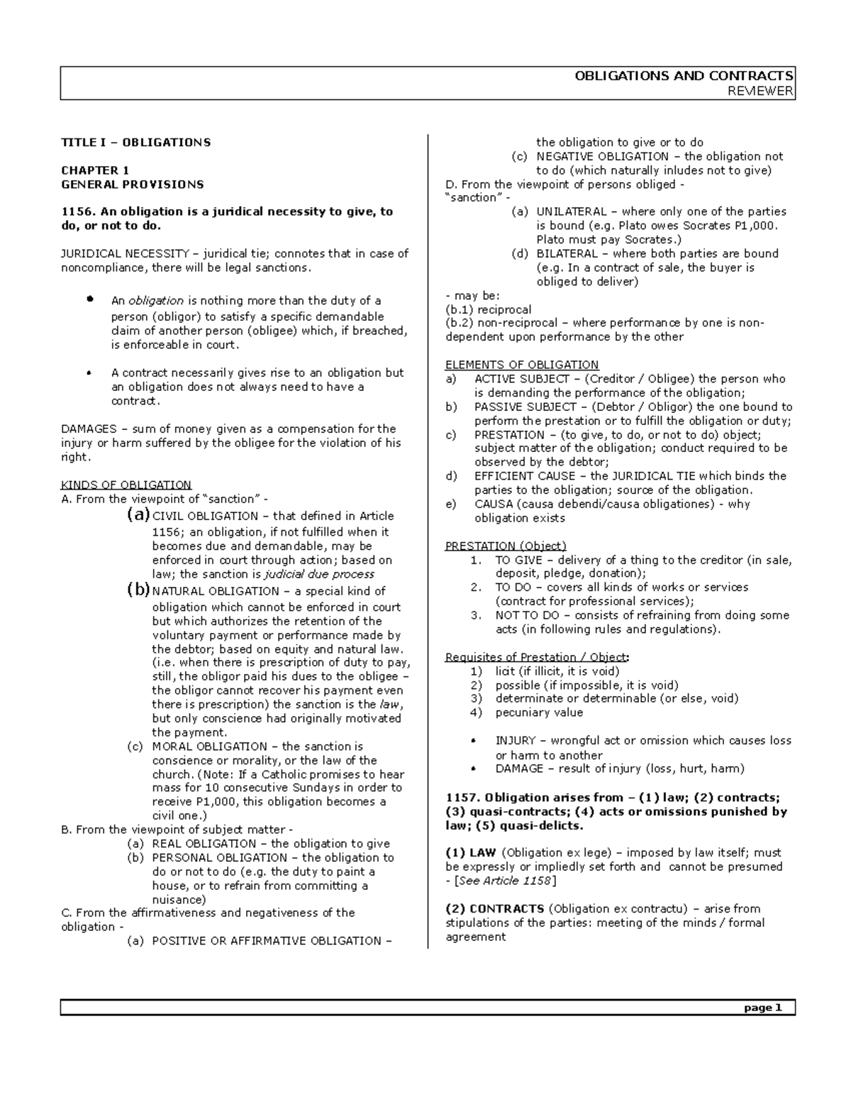 Oblicon Notes for undergrad students - REVIEWER TITLE I – OBLIGATIONS ...