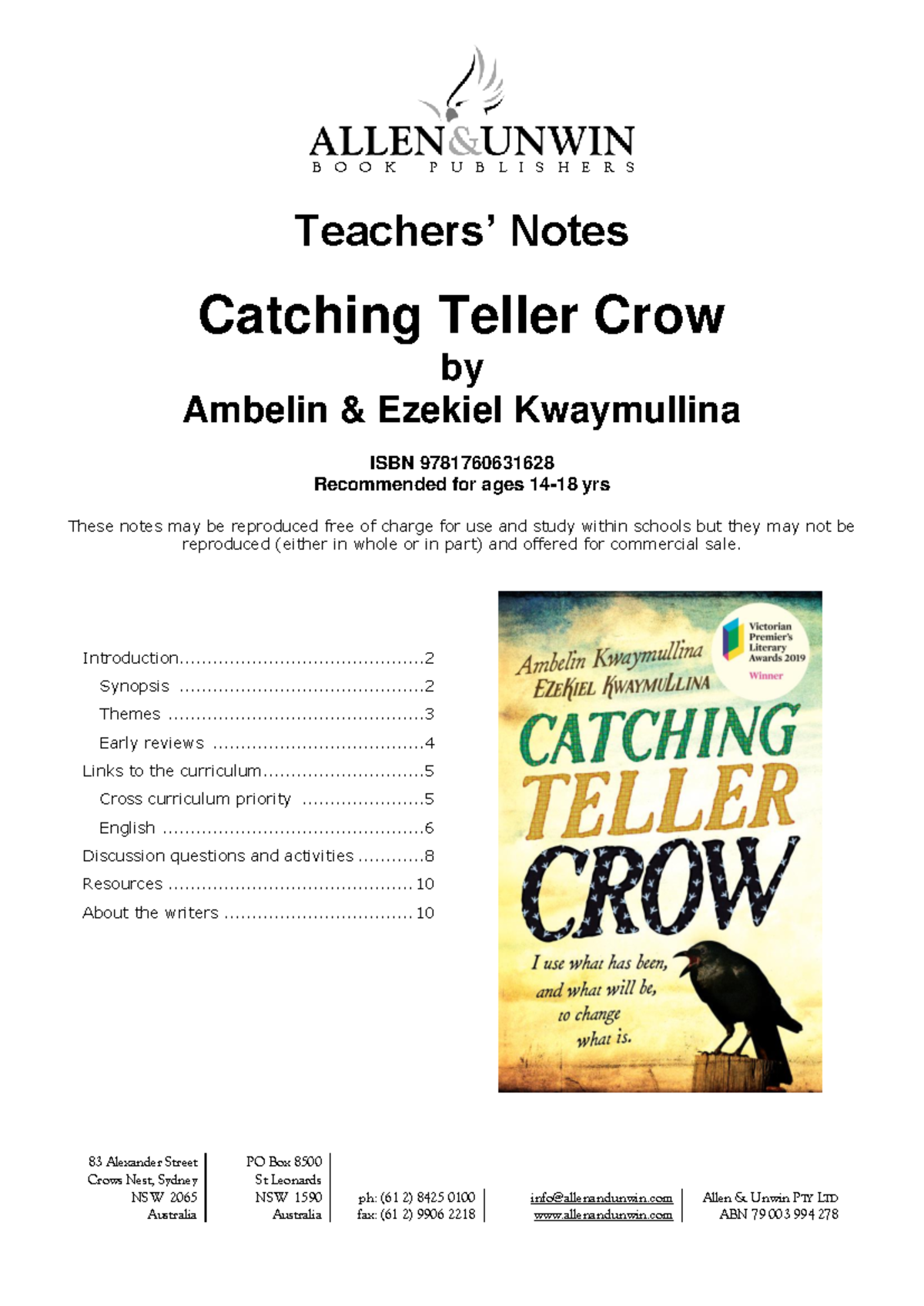 Catching Teller Crow (9781760631628) Study Notes & Discussion Guide ...