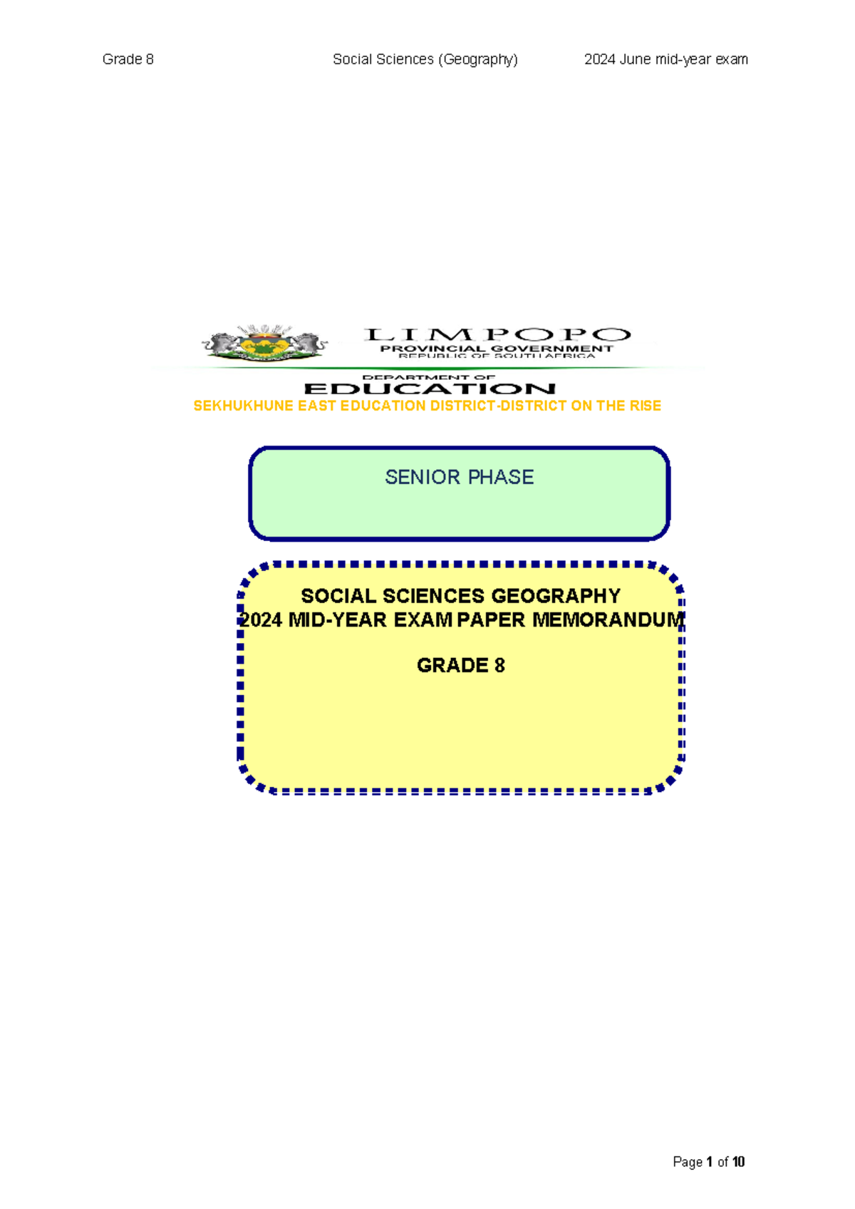 Grade 8 Social Sciences (Geography) 2024 June Exam Paper Memo - Studocu