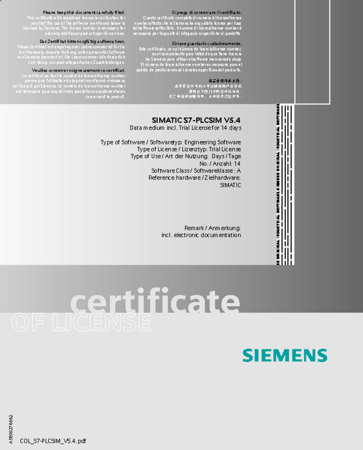 COL S7- Plcsim V5 - aaaaa - certificate A5E Please keep this document ...