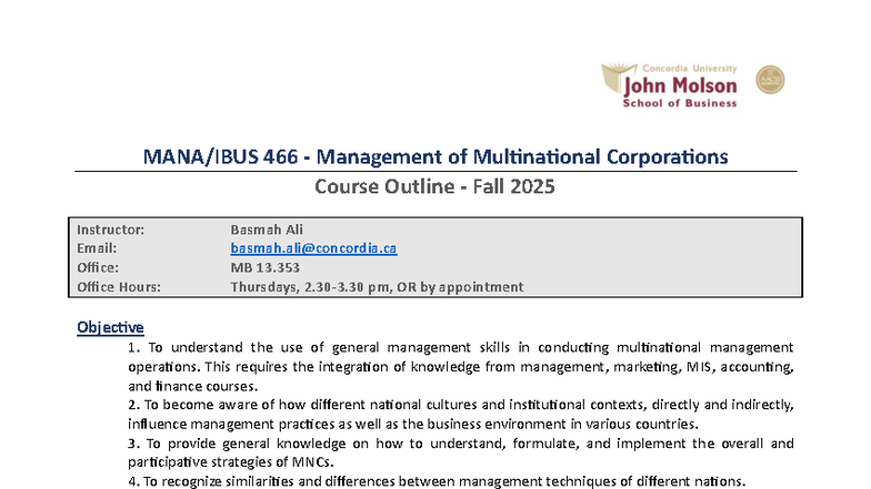 MANA 466 Course Outline: Management of Multinational Corporations Fall ...