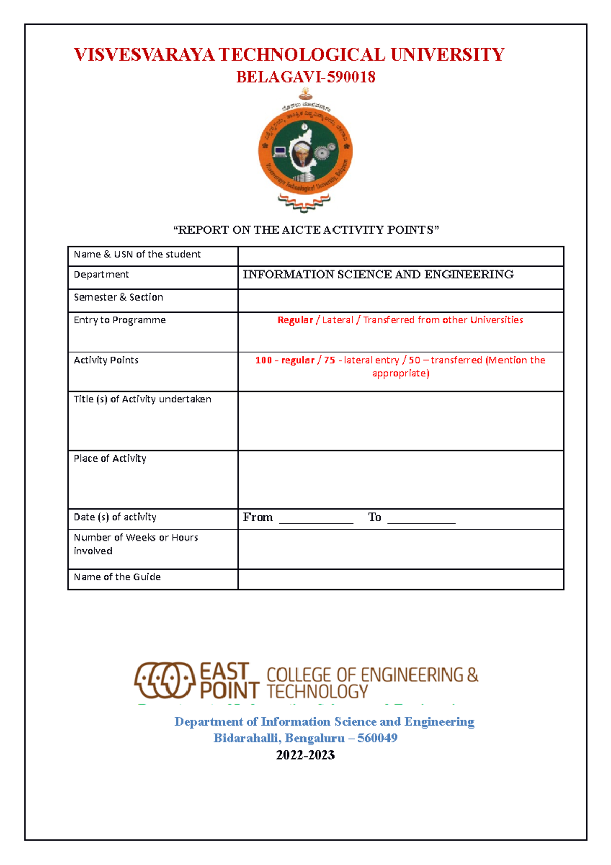 Aicte Sample Report - VISVESVARAYA TECHNOLOGICAL UNIVERSITY BELAGAVI- “REPORT ON THE AICTE ...
