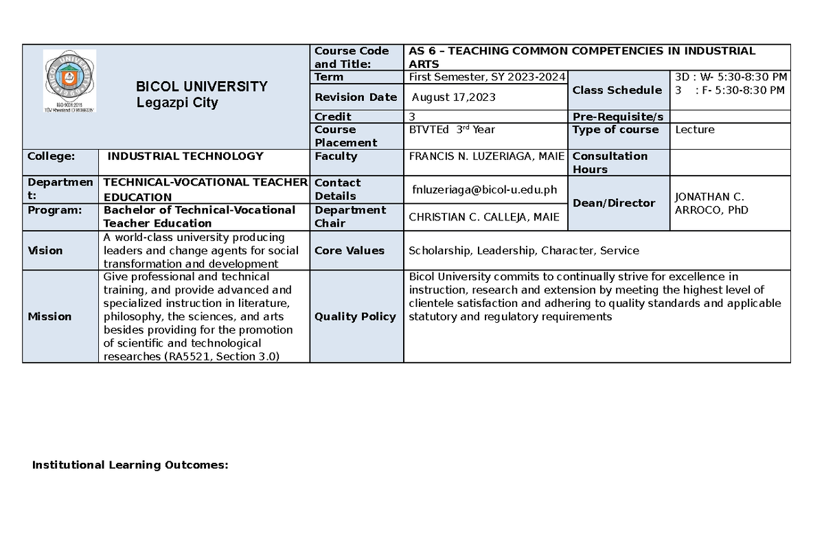 Syllabus AS 6: Teaching Common Competencies in Industrial Arts, 1st Sem 2023 - Studocu