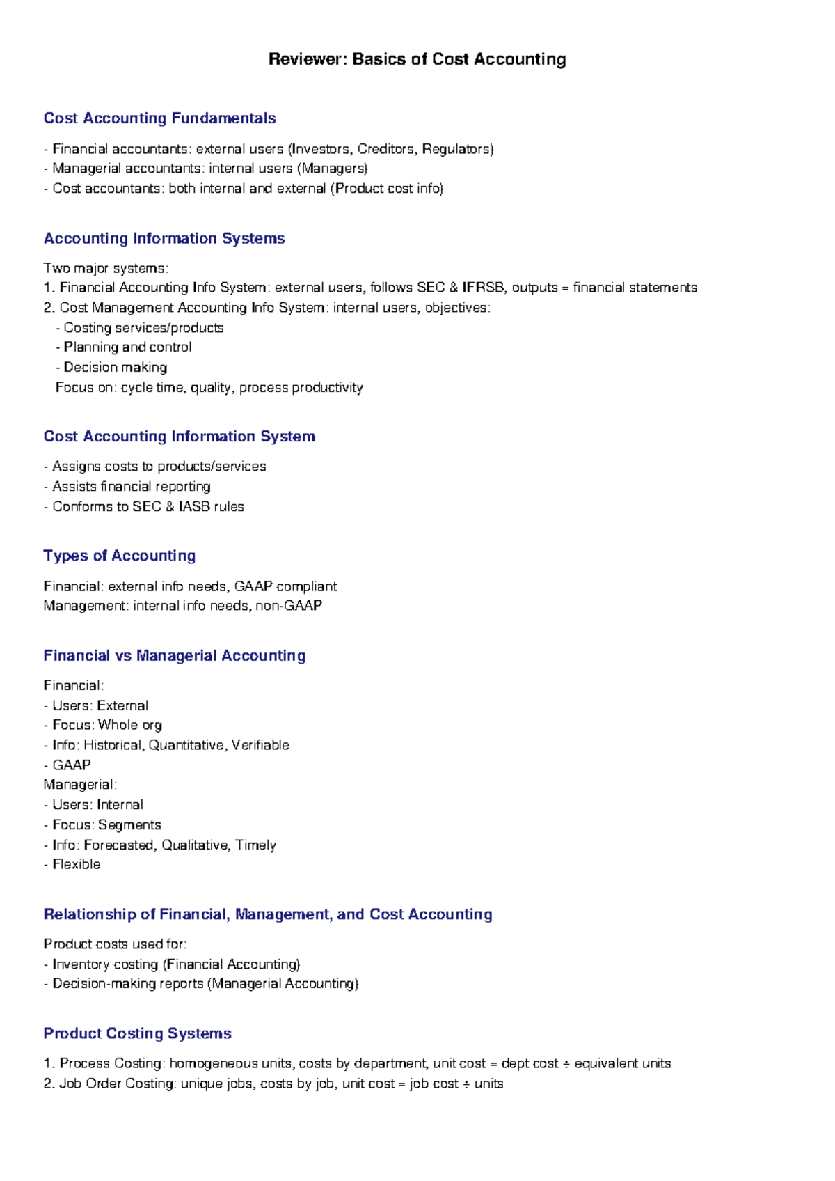 Cost Accounting Fundamentals Review: Key Concepts and Systems - Studocu