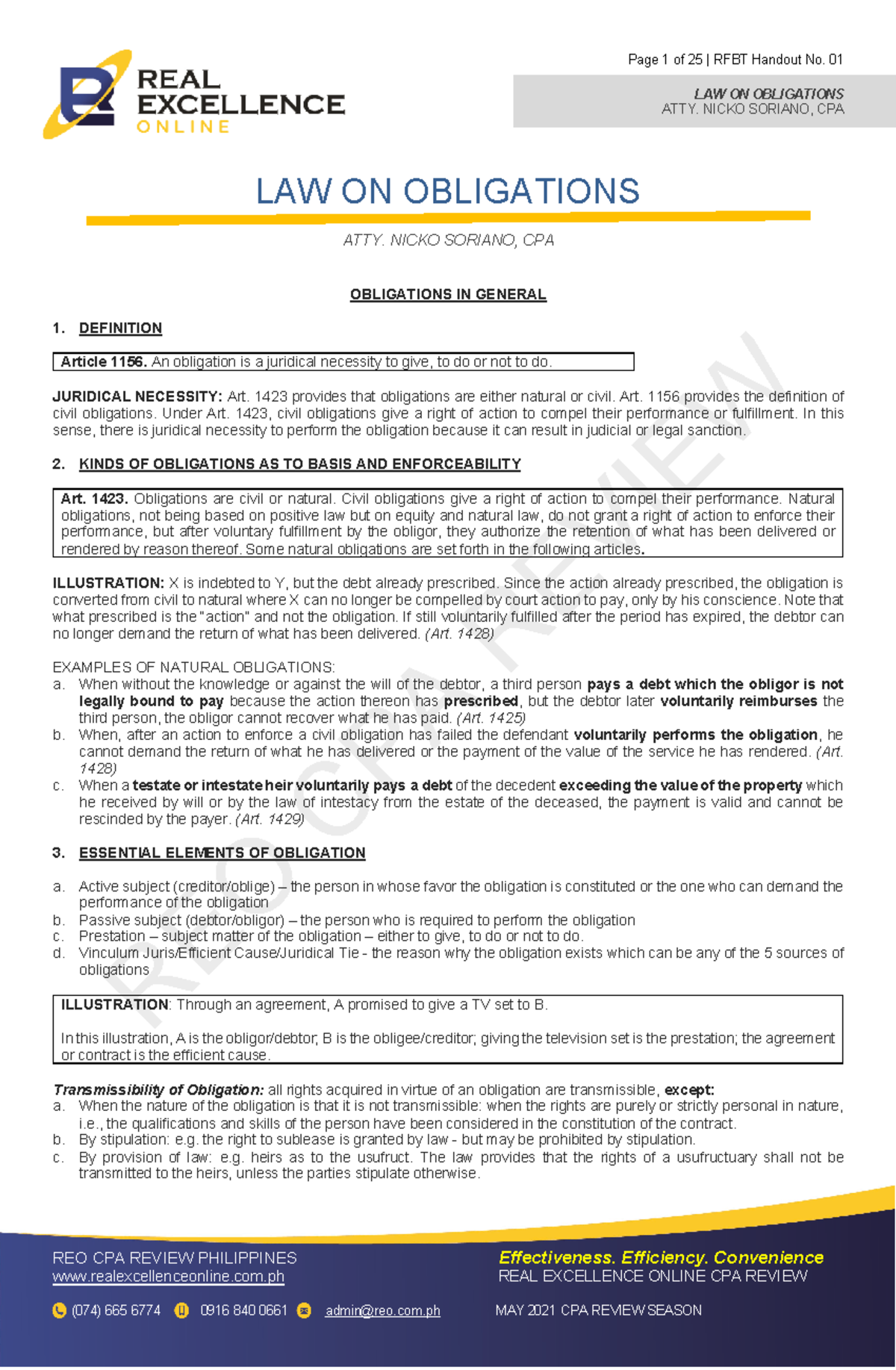 RFBT 1. LAW ON Obligations - REO CPA REVIEW Page 1 of 25 | RFBT Handout ...