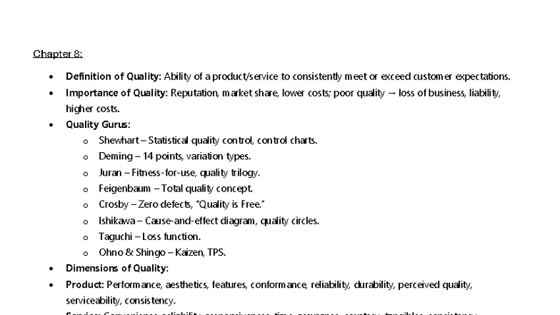 SCM 3: Quality Management Concepts & Control Charts Study Guide - Studocu