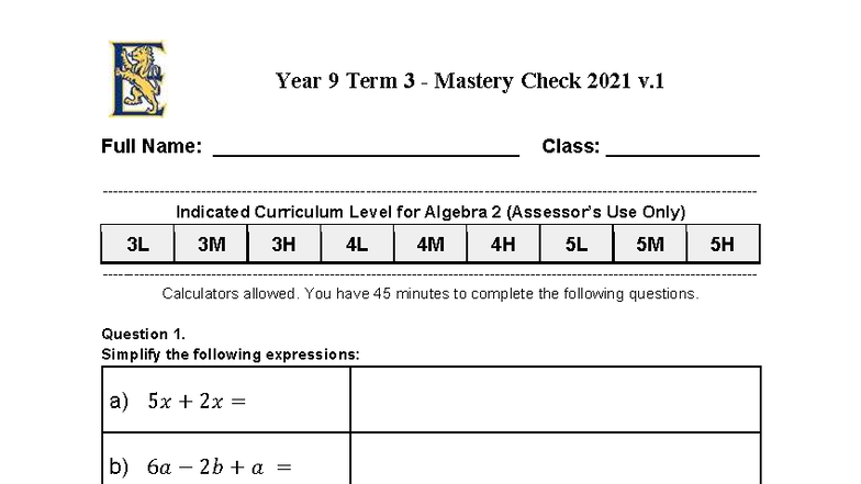 Year 9 Term 3 Algebra 2 Mastery Check 2021 v.1 - Studocu