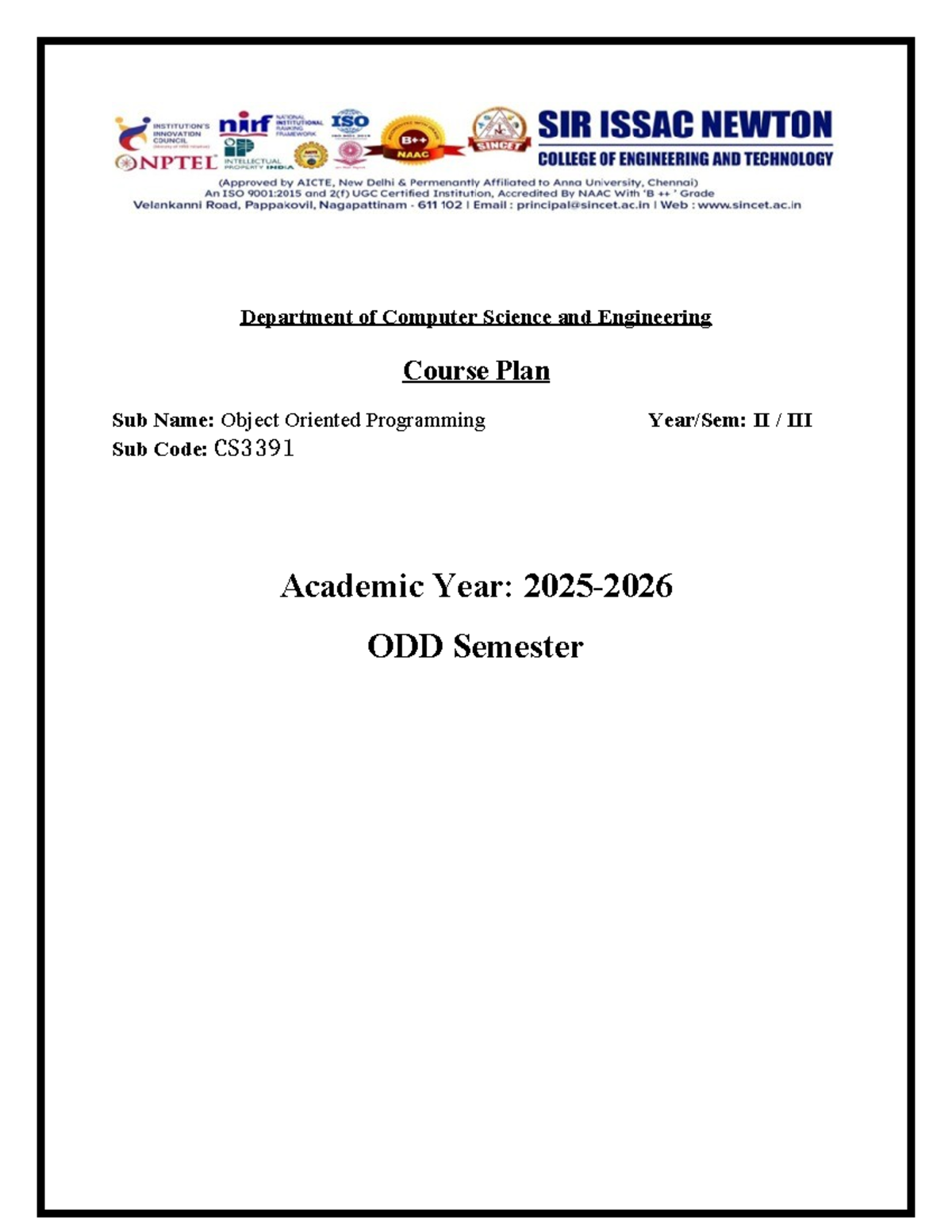 CS3391 Course Plan: Object Oriented Programming Overview and Units - Studocu