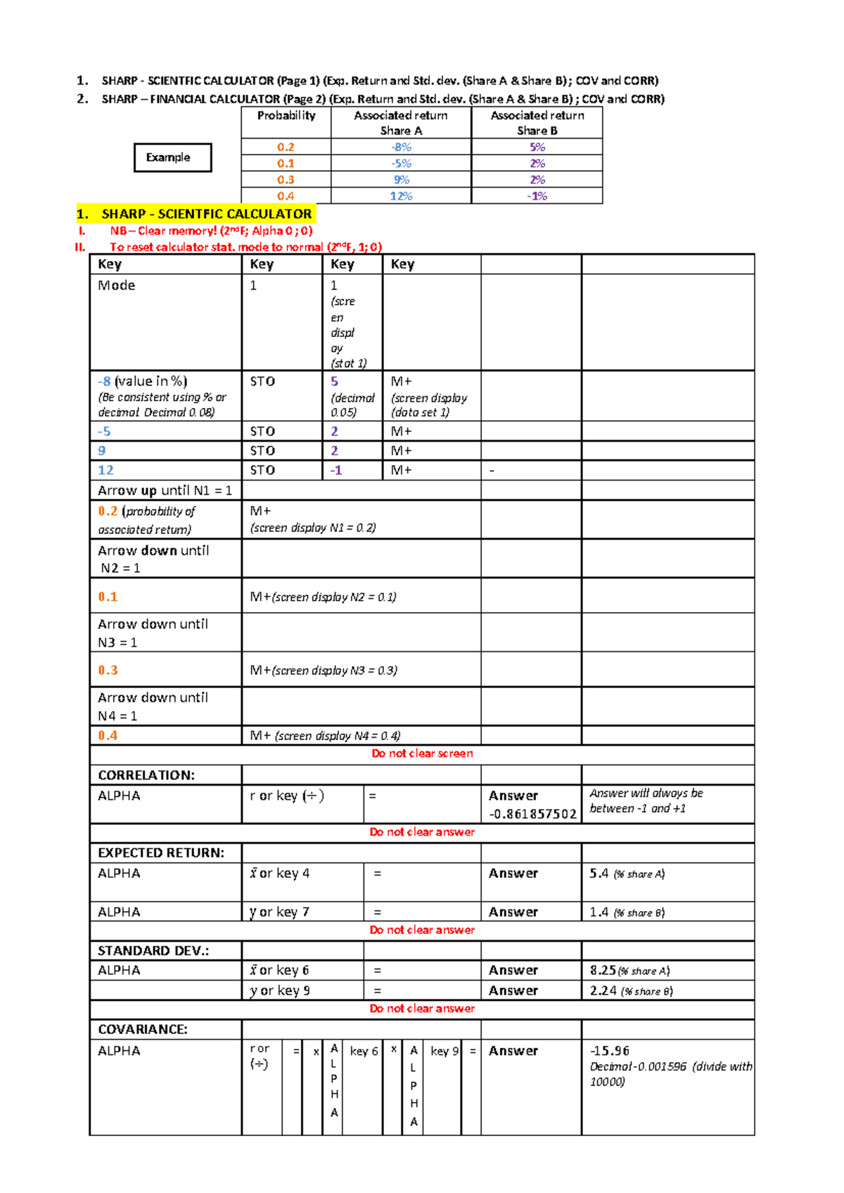 Sharp Scientific & Financial Calculator: Steps for CORR, COV, & Returns - Studocu