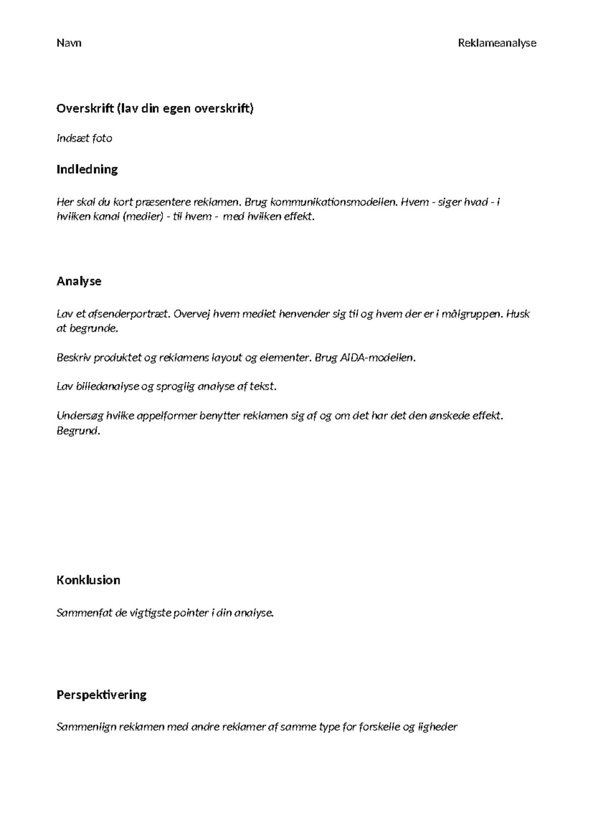 Reklameanalyse Skabelon: Kommunikationsmodel & Appelformer - Studocu