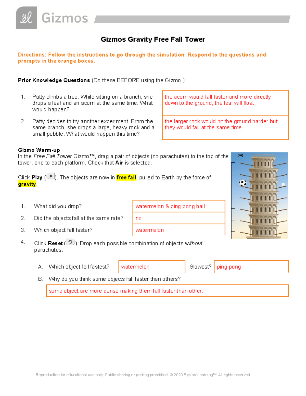 Gizmos Gravity Free Fall Tower Simulation Activity Guide - Studocu