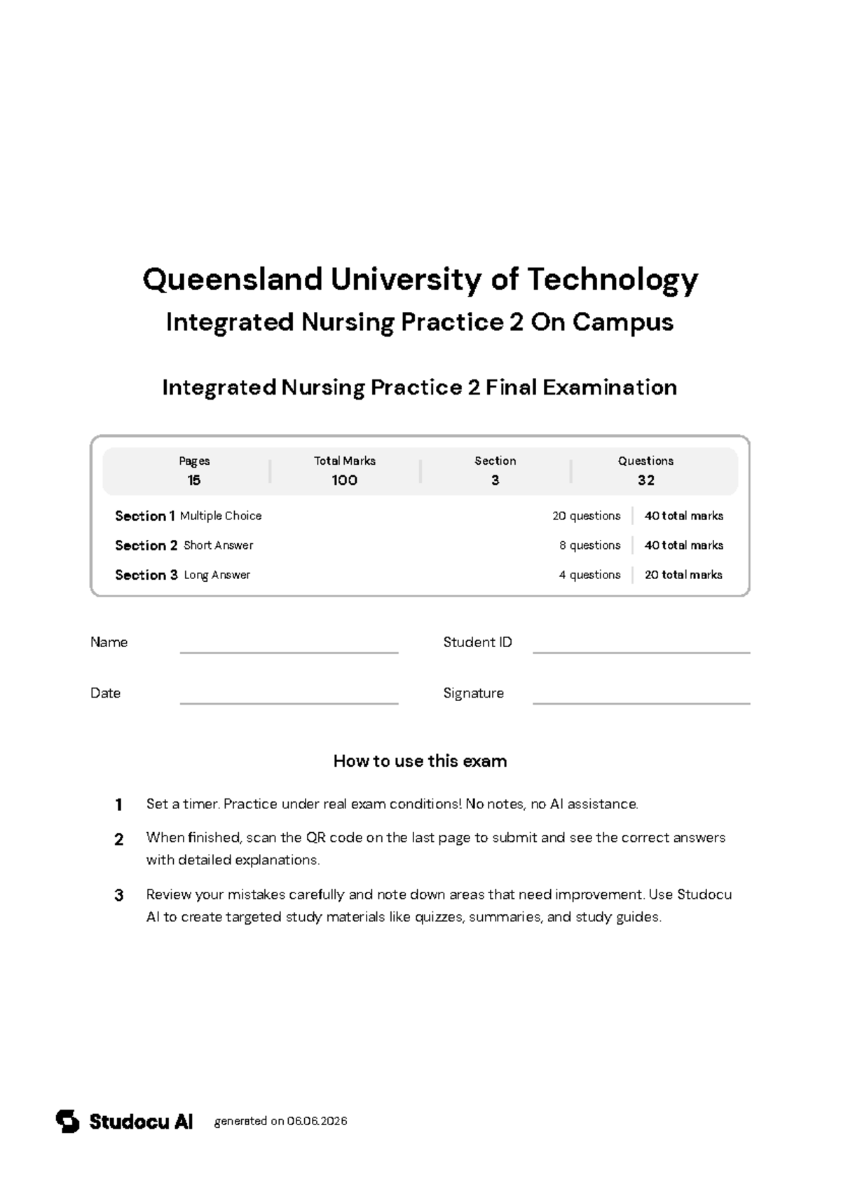 NSB231 Integrated Nursing Practice 2 Final Exam - Studocu