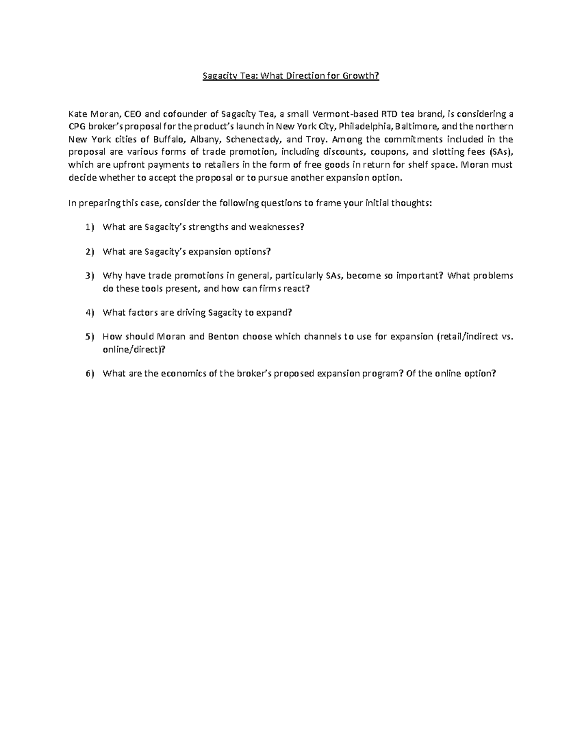 HBS Case Study - Growth Strategies for Sagacity Tea Expansion - Studocu