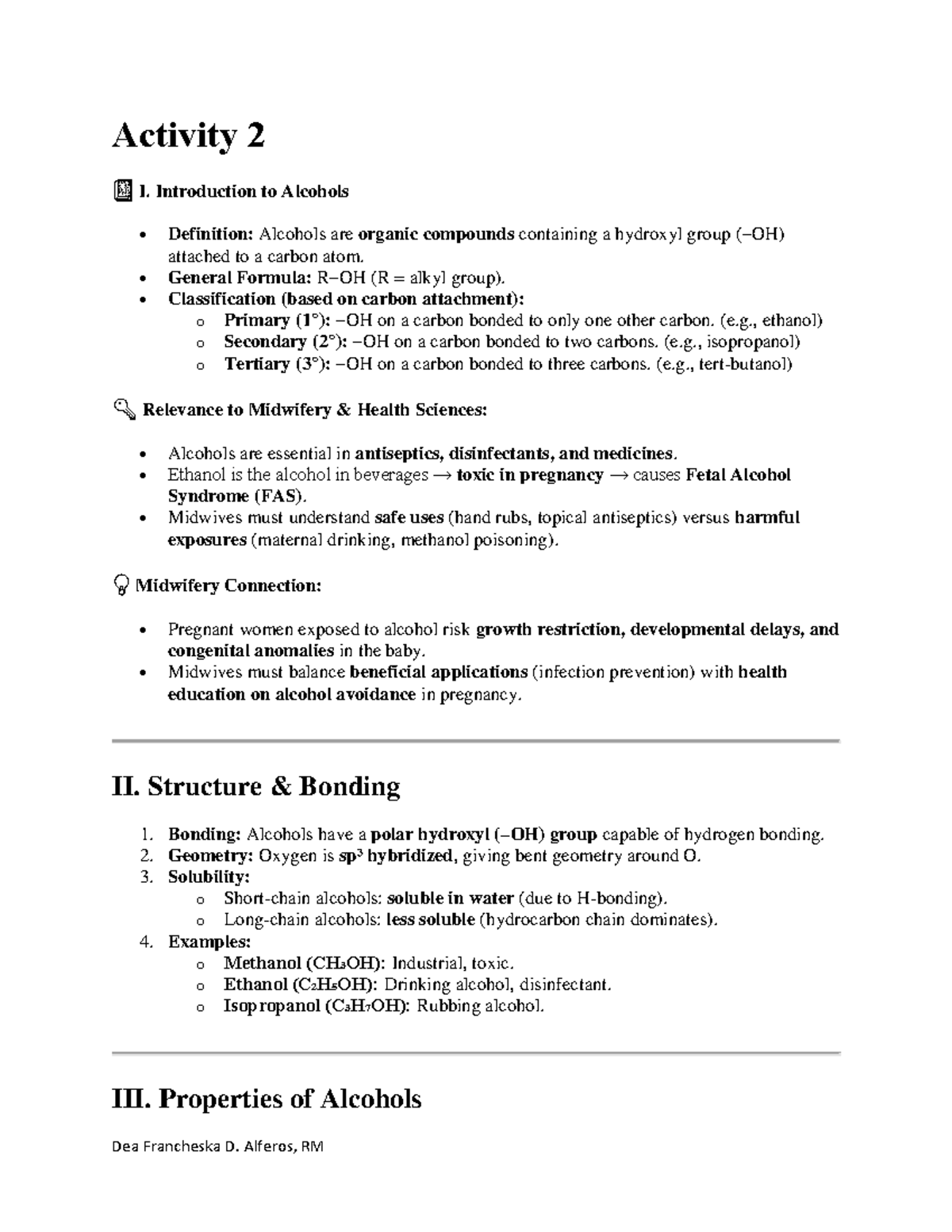 Activity 2: Understanding Alcohols in Midwifery Health Sciences - Studocu