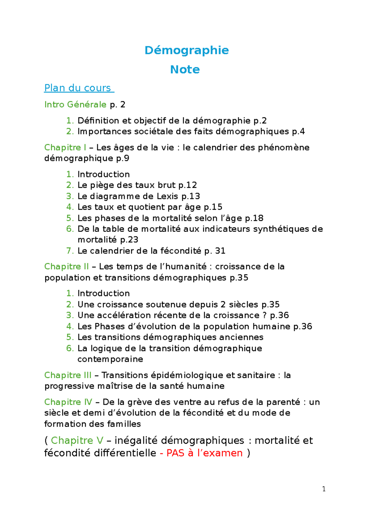 Analyse Démographique: Synthèse du Cours Démographie - Chapitres et ...