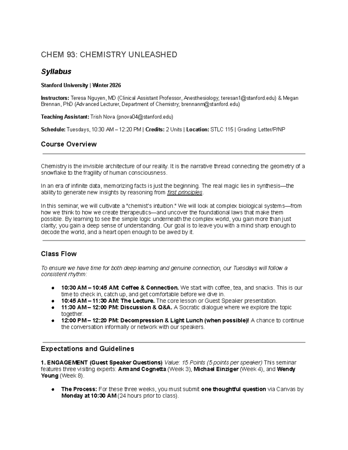 CHEM 93: Chemistry Unleashed Syllabus - Winter 2026 - Studocu