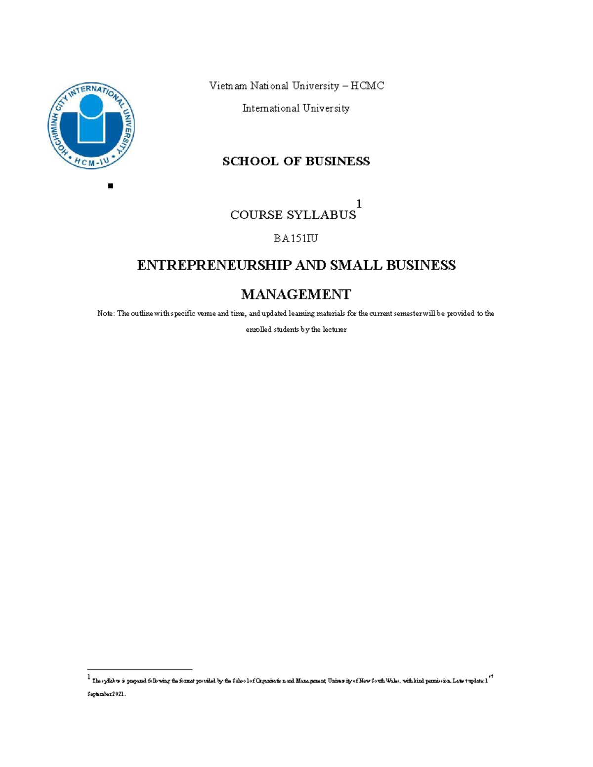 BA151IU Entrepreneurship and Small Business Management Syllabus - SEM 1 ...
