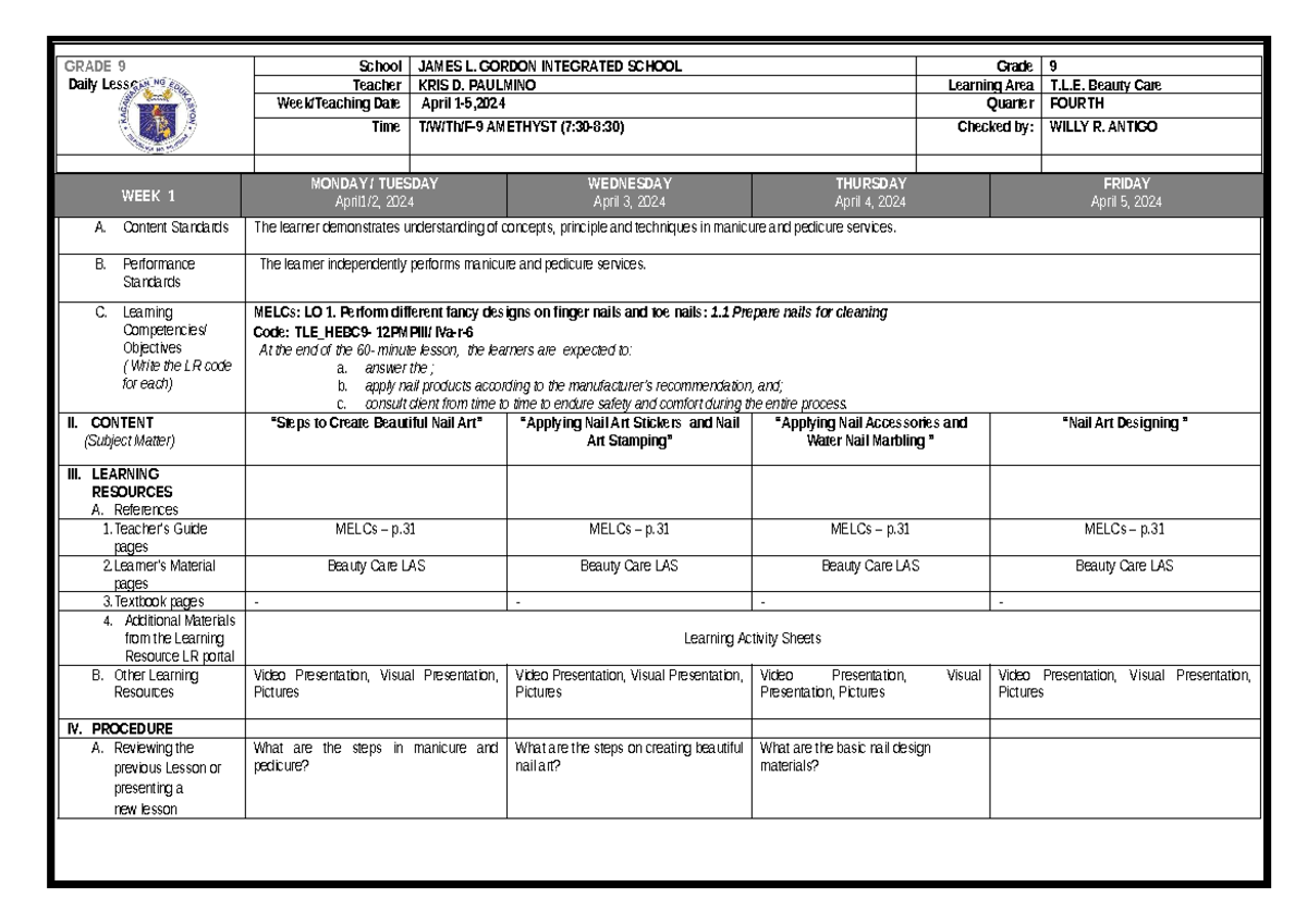 TLE 9 Week 1 Lesson Plan - Nail Art Techniques and Practices - Studocu
