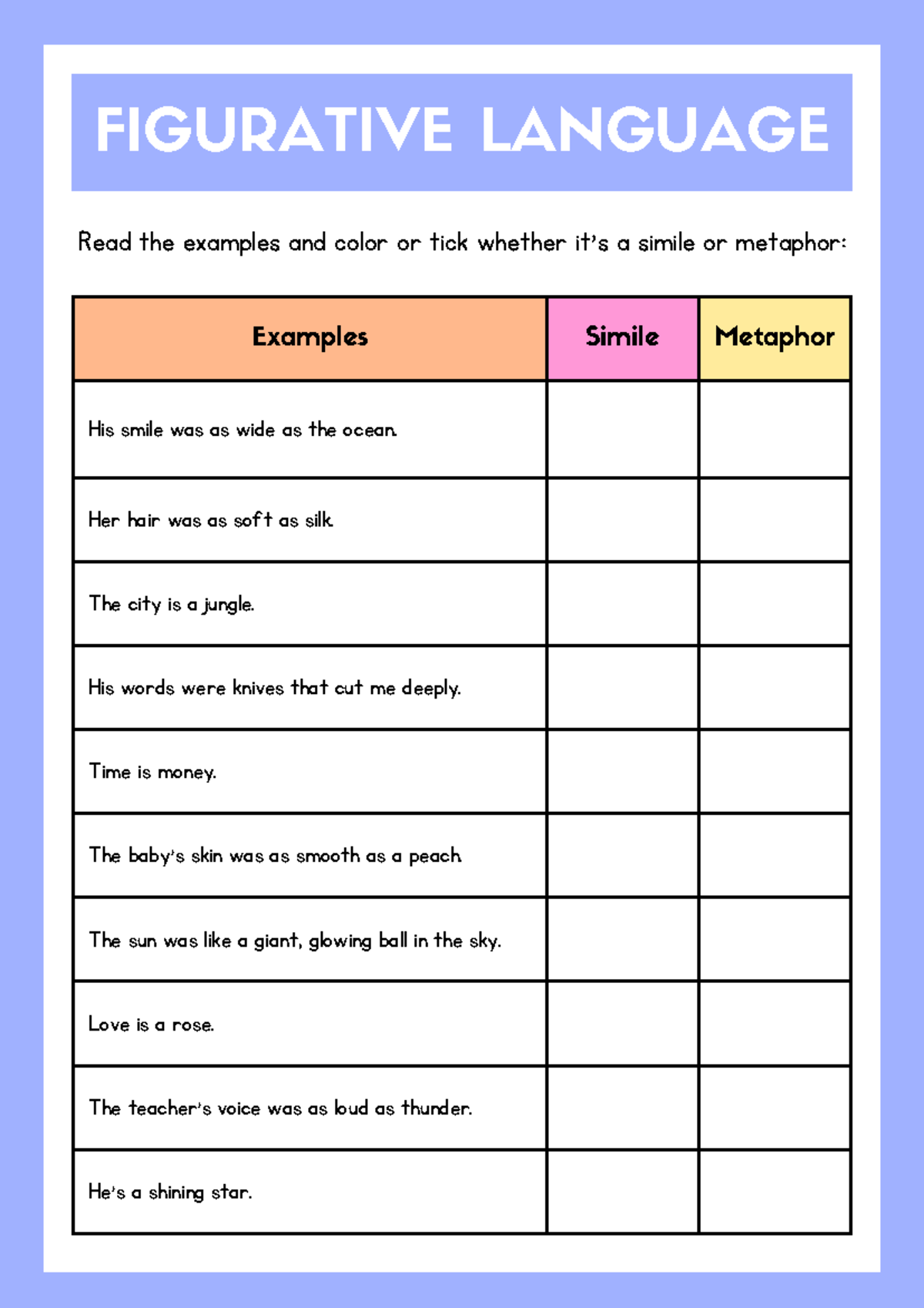 Similes vs Metaphors - Literary Devices Refresher Worksheet - Studocu