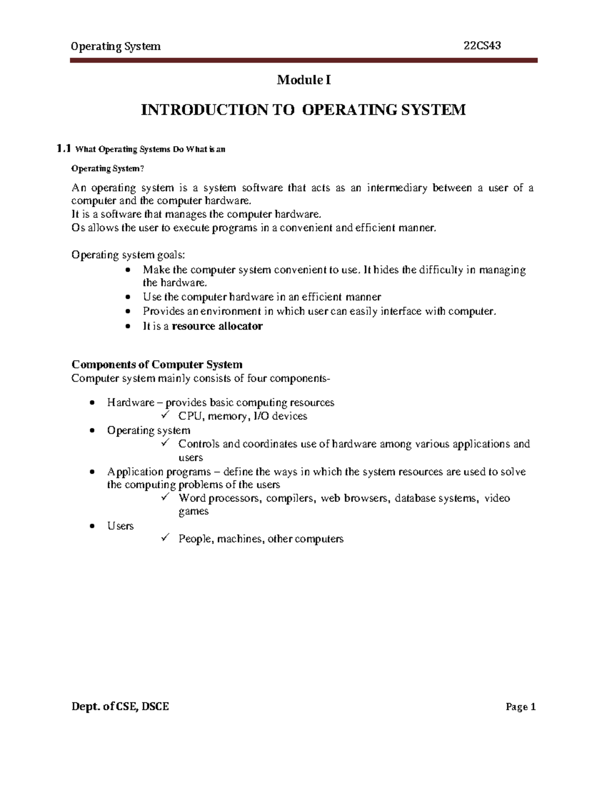 22CS43 Operating System Module I: Intro to OS Concepts and Architecture ...