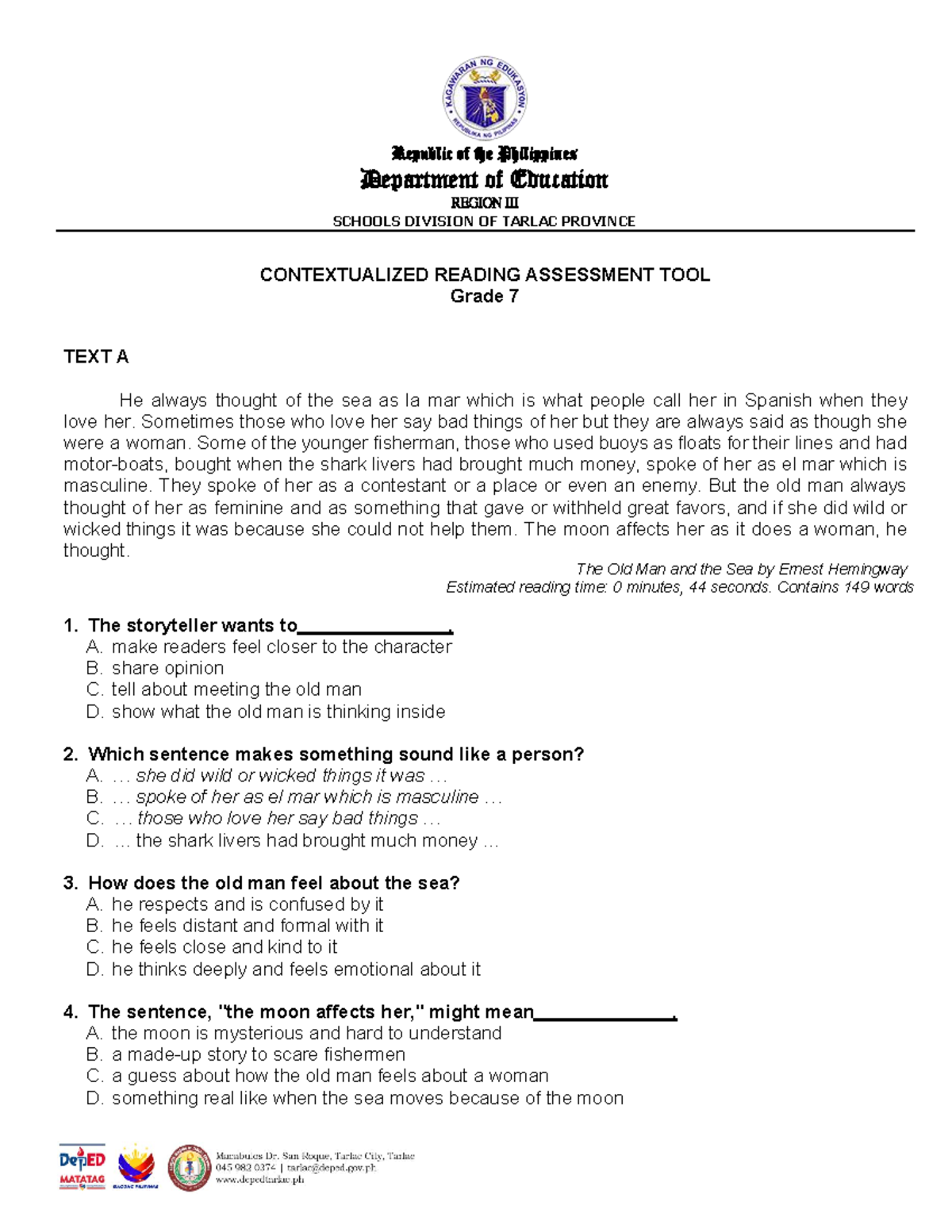 Grade 7 Contextualized Reading Assessment Tool (Revised Edition) - Studocu