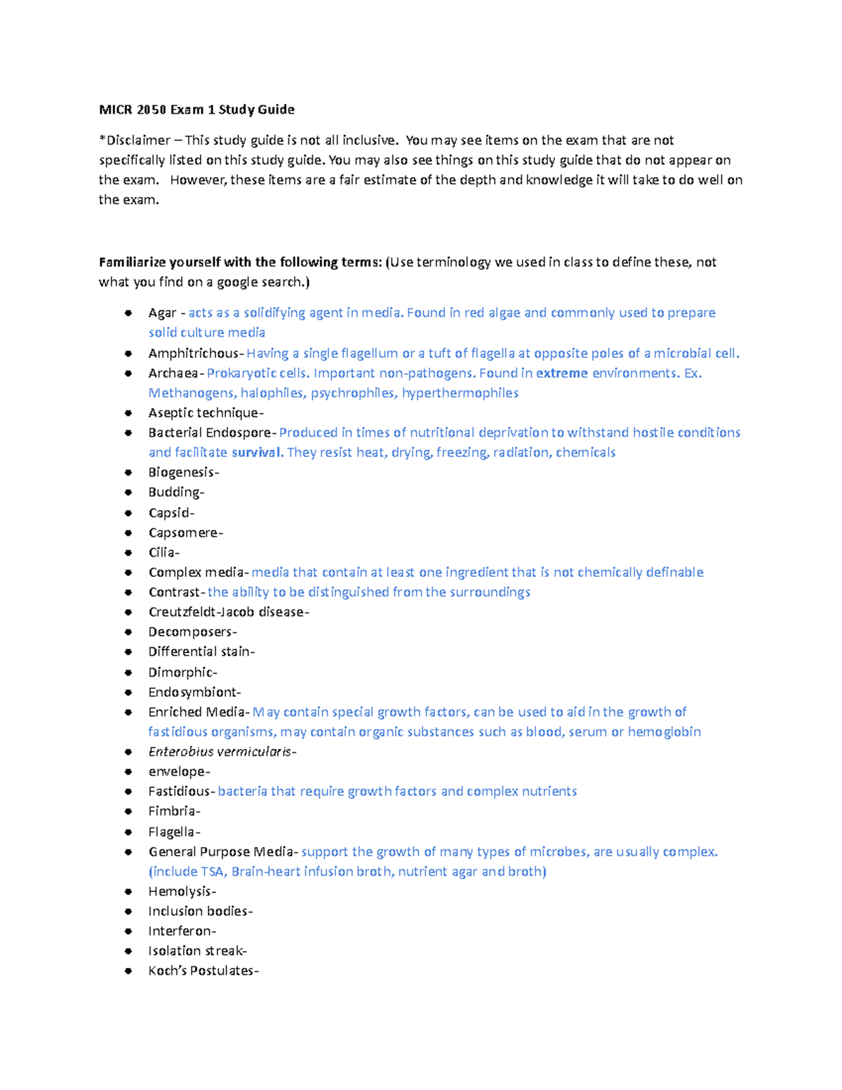 MICR 2050 Exam 1 Study Guide: Essential Concepts & Terminology - Studocu