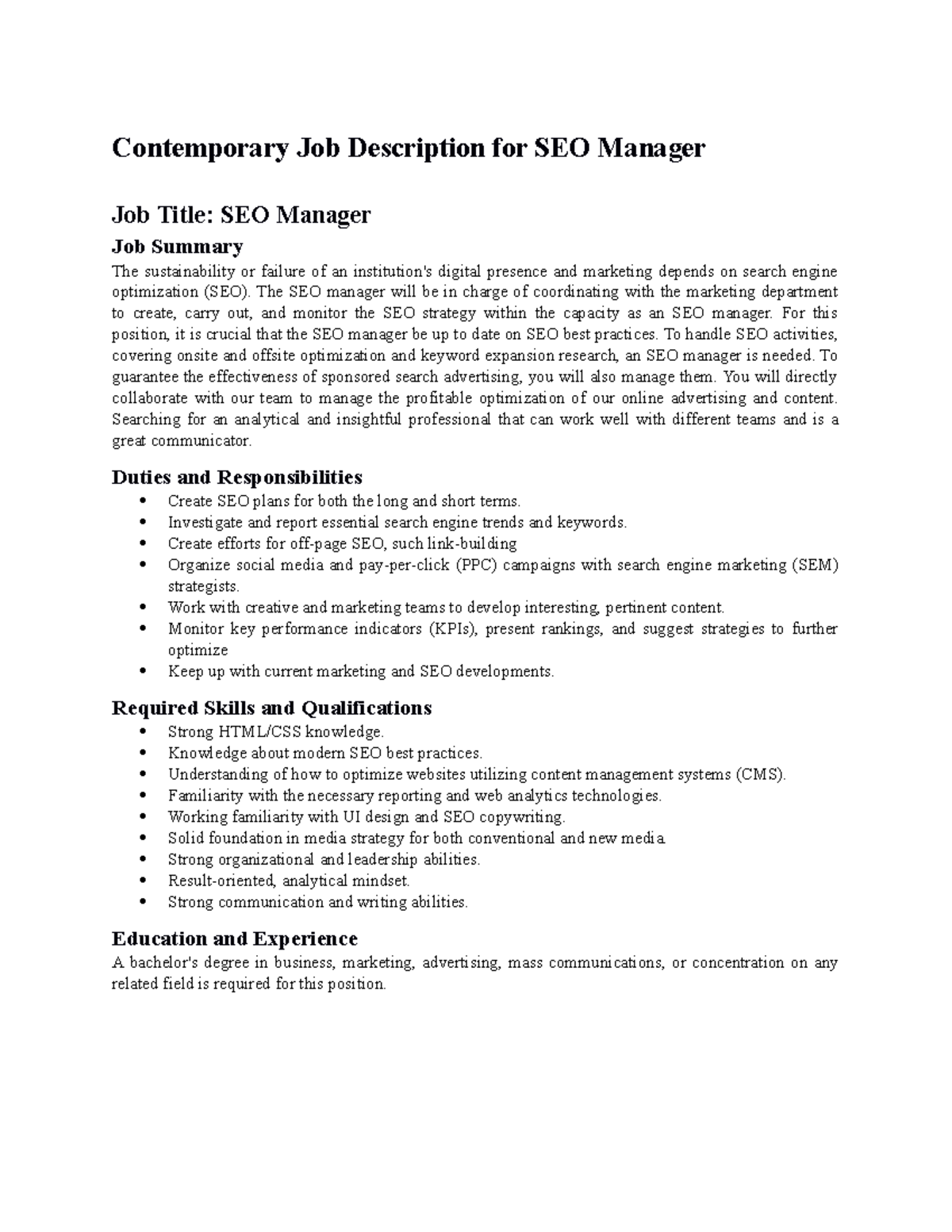 Contemporary Job Description for SEO Manager (SEO-101) - Studocu