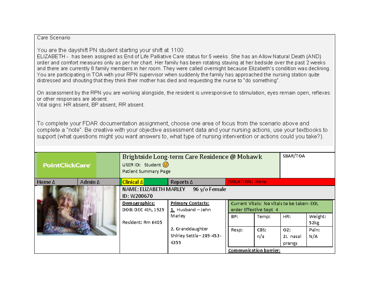 Palliative Care Scenario: EOL Assessment for Elizabeth Marley F25 - Studocu