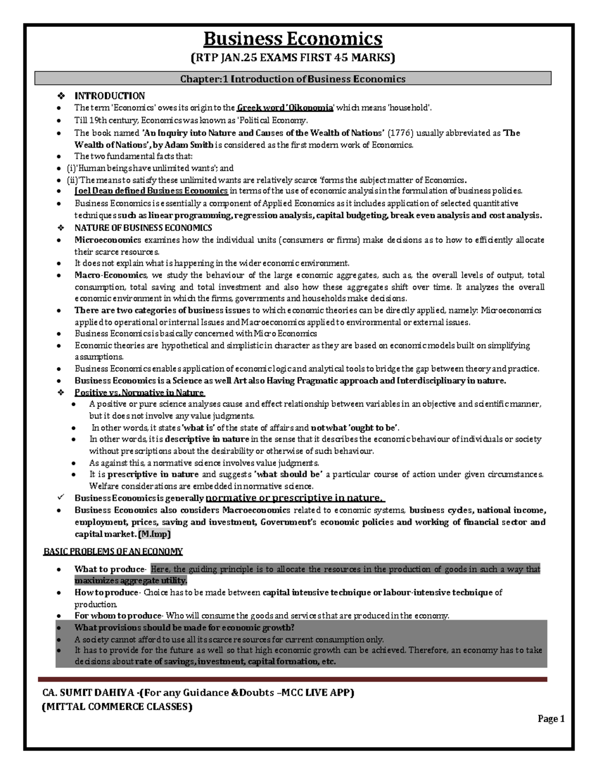 Business Economics (RTP JAN.25 EXAMS) - Chapter 1 Overview and Key ...