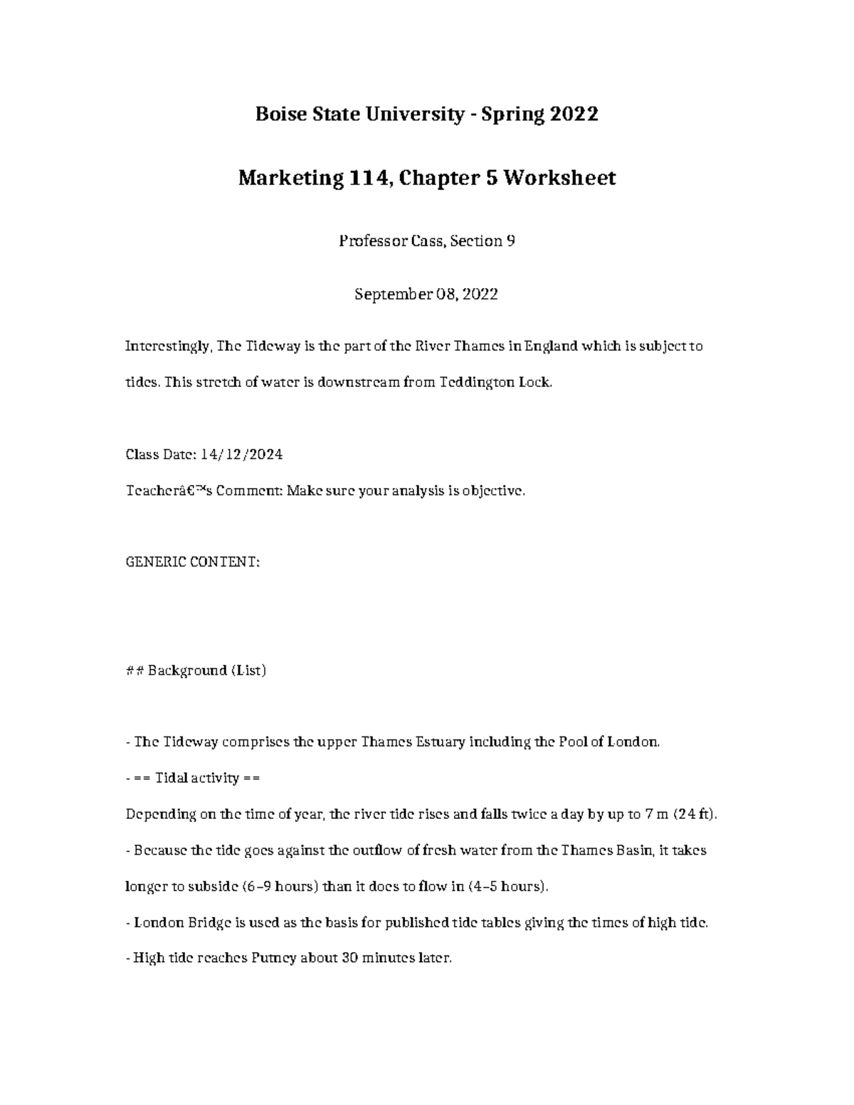 Marketing 114 Chapter 5 Worksheet - Boise State University - Spring ...