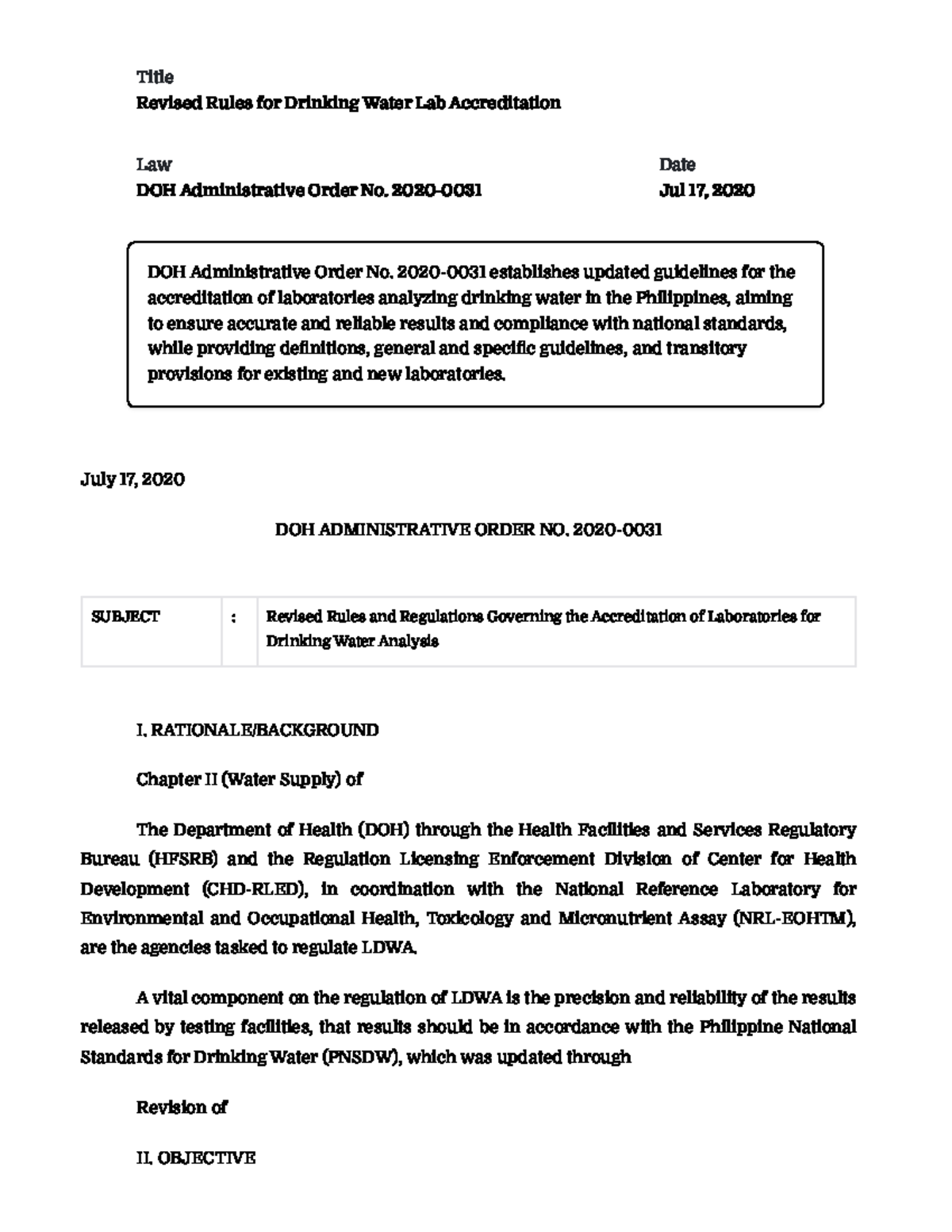 DOH Adm. Order 2020-0031: Revised Guidelines for Lab Accred. - Studocu
