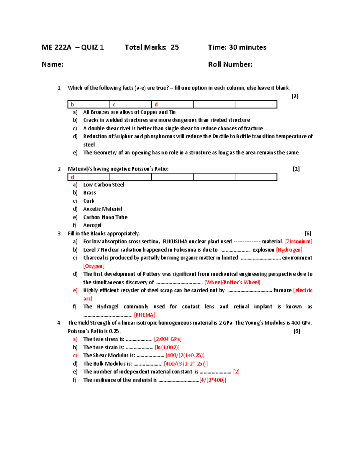ME QUIZ 1: True/False & Fill in the Blanks Questions - Studocu