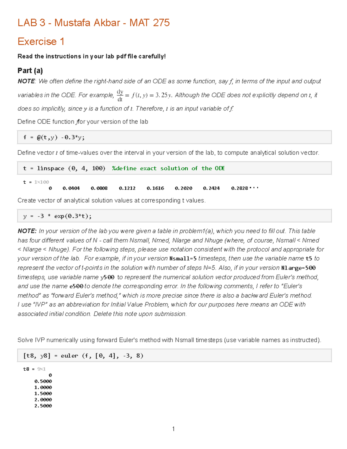 Lab 3 Template: Numerical Solutions with Euler's Methods - MAT 275 ...
