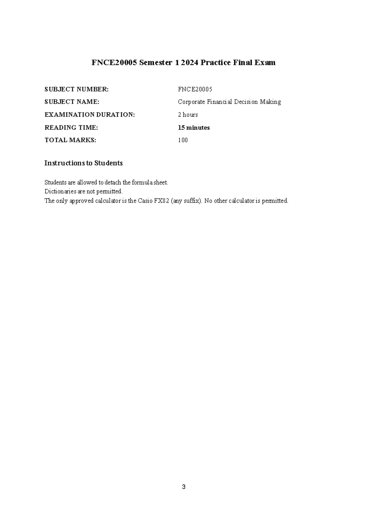 FNCE2000 Practice Final Exam - Corporate Financial Decision Making S1 ...