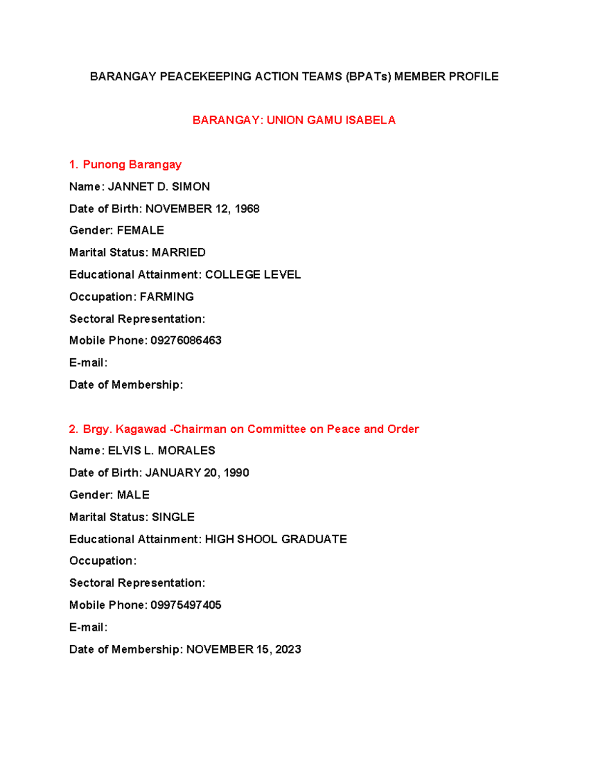 Barangay Peacekeeping Action Teams (BPATs) Member Profiles - Union Gamu ...