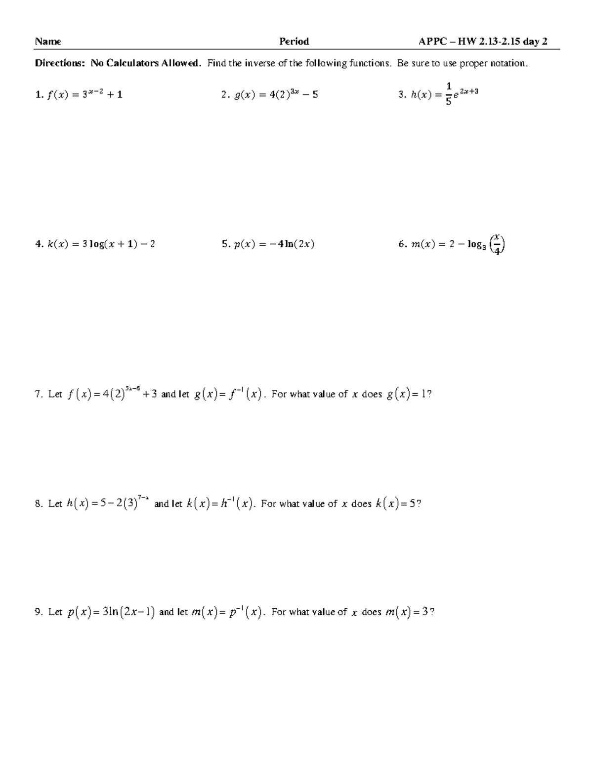 HW 2.13-2.15 day 2 - Homework practice problems to do to prepare you ...