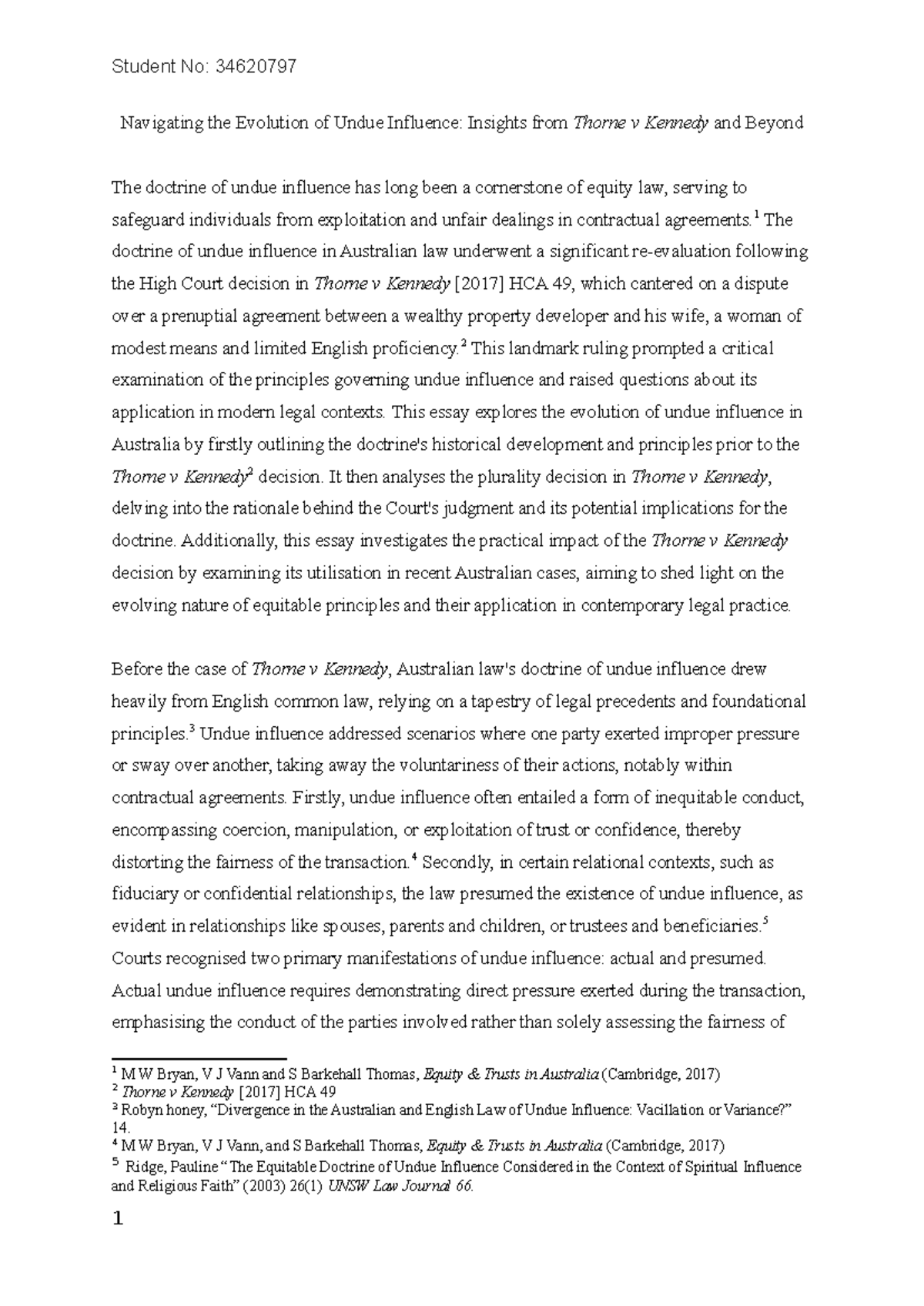 Essay Final - Legal Analysis of Undue Influence in Thorne v Kennedy ...