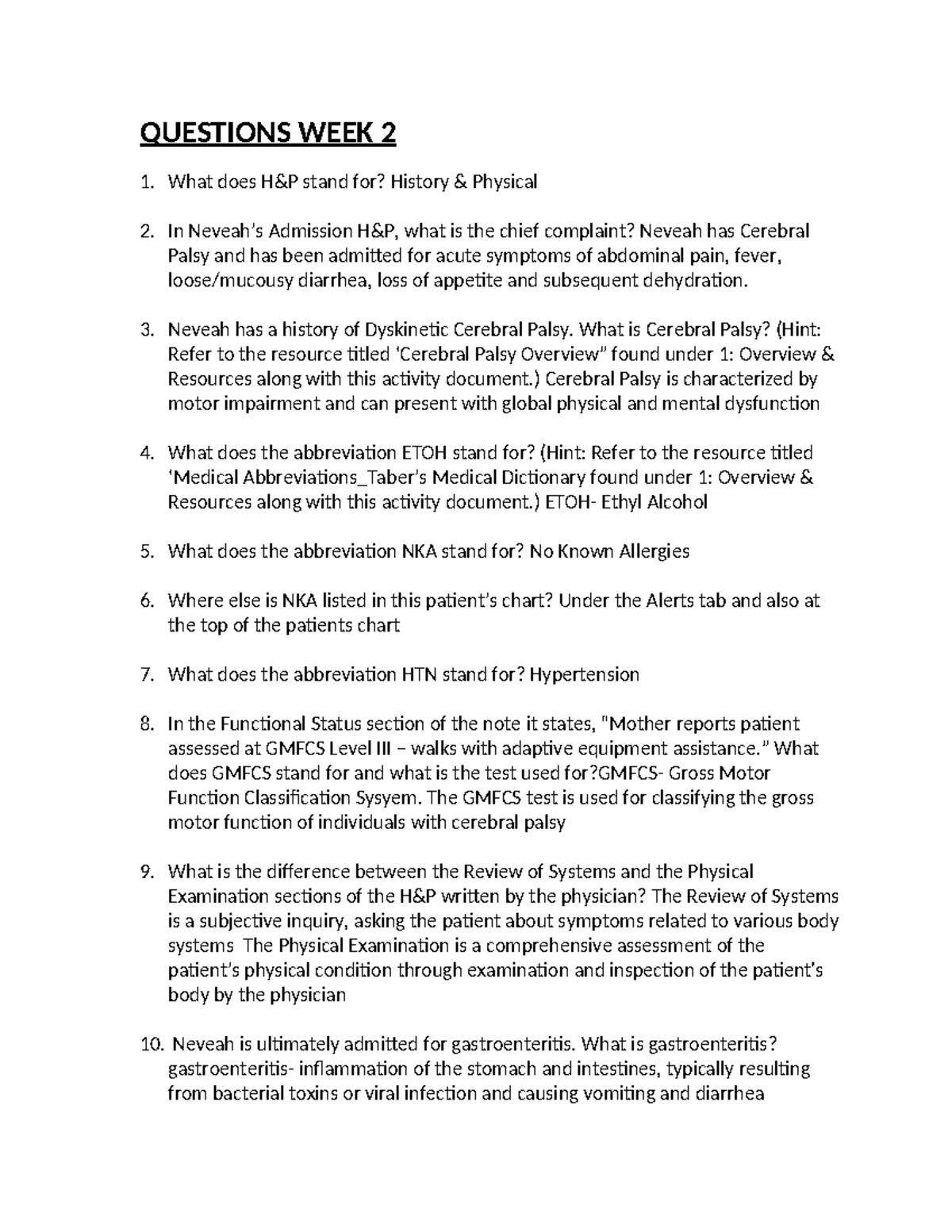 HIM 200 Week 2 Questions on Cerebral Palsy and Medical Abbreviations ...