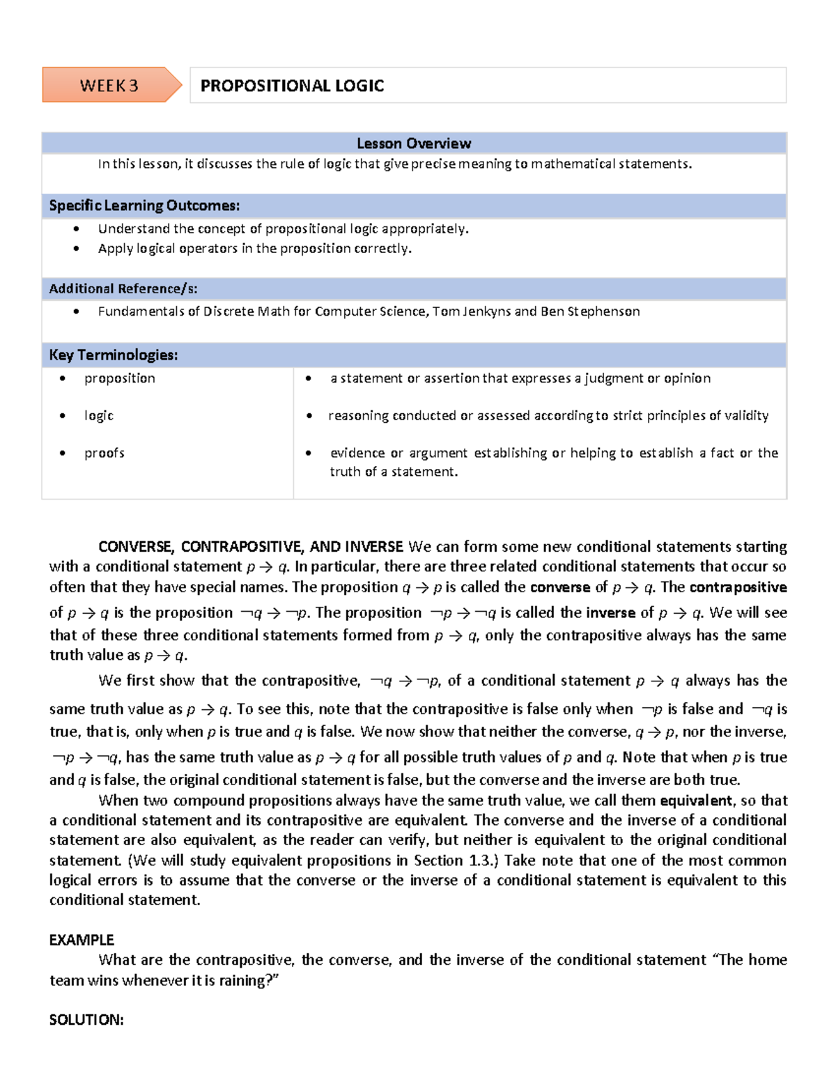 Dstru 1 WEEK 3 Propositional Logic Lesson Overview - Studocu