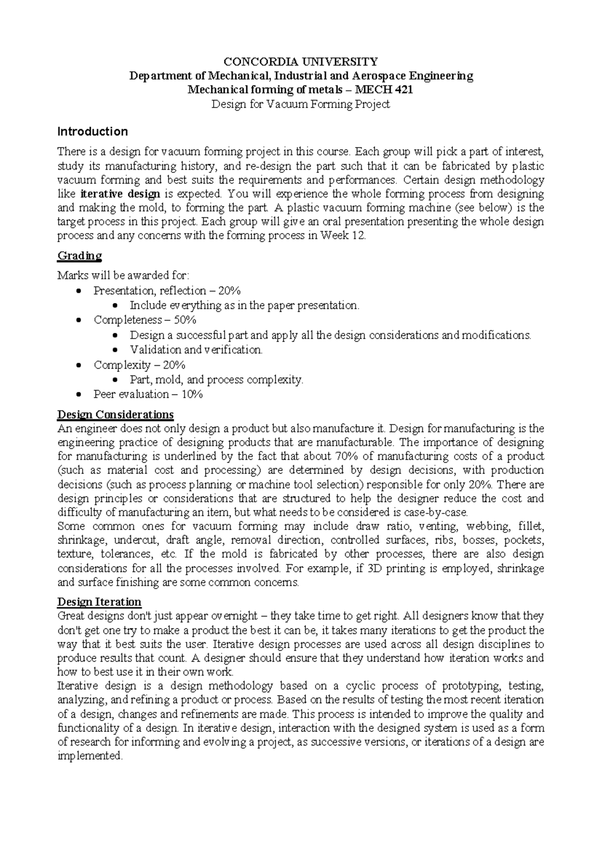 MECH 421 Vacuum Forming Design Project Overview and Guidelines - Studocu
