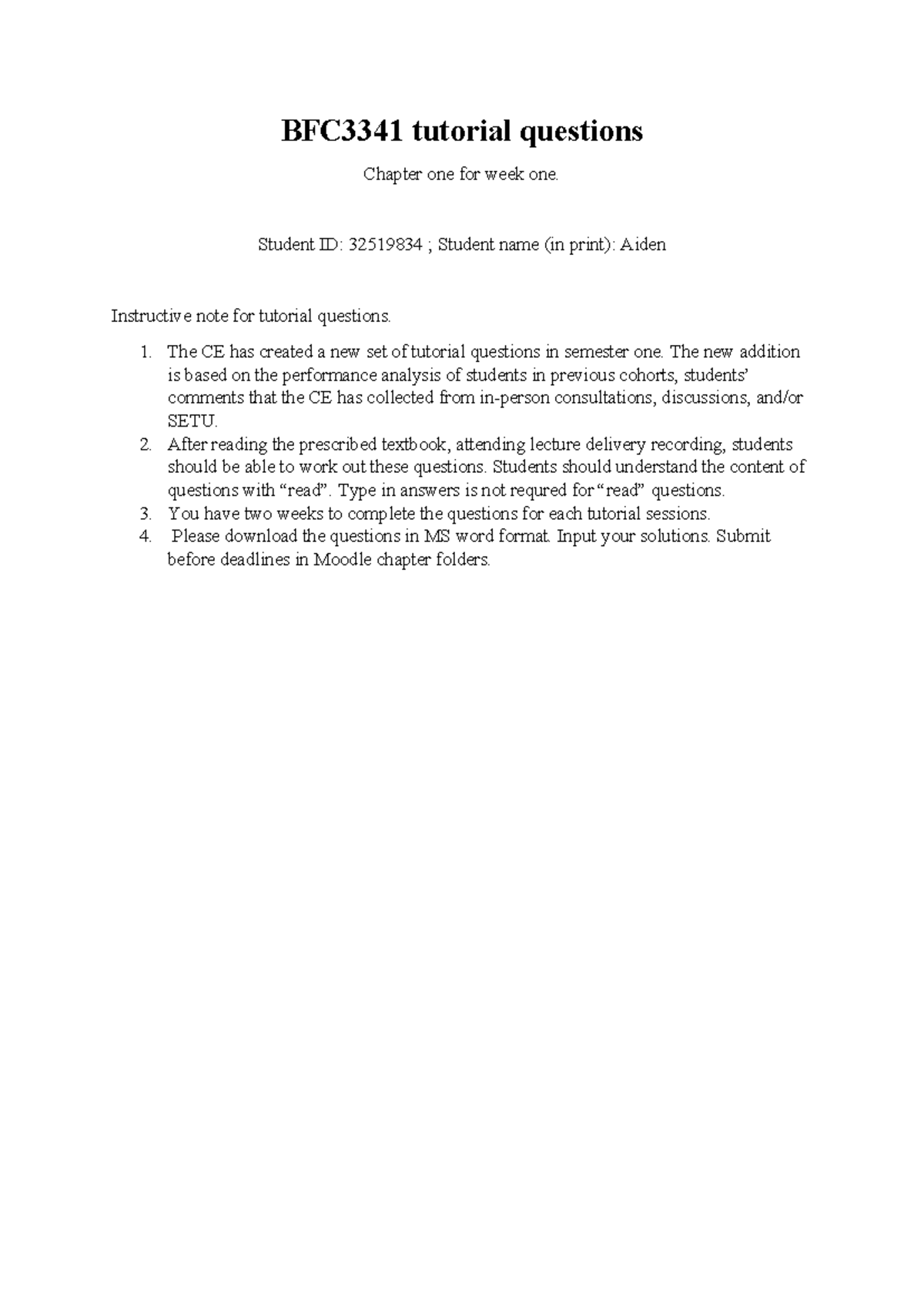 BFC3341 Tutorial Questions: Chapter 1 for Week 1 - Tute 1 - Studocu