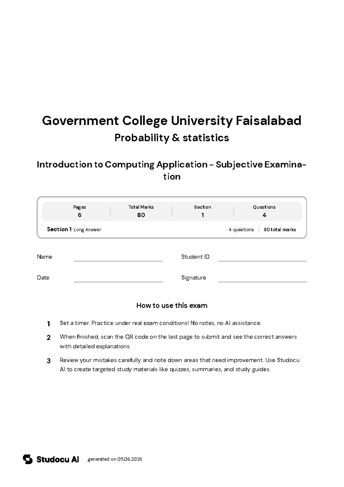 Introduction to Computing Application - Subjective Exam - Studocu