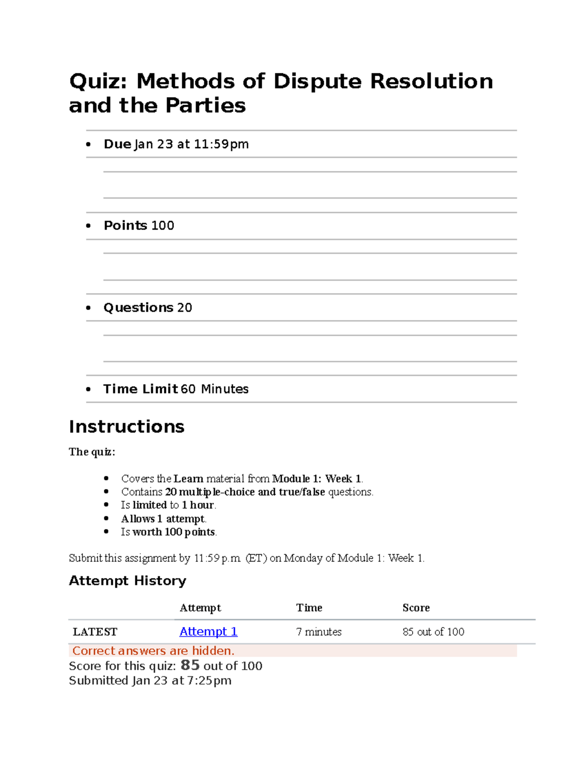 Govt 408 Quiz 1 - Methods of Dispute Resolution Overview - Studocu