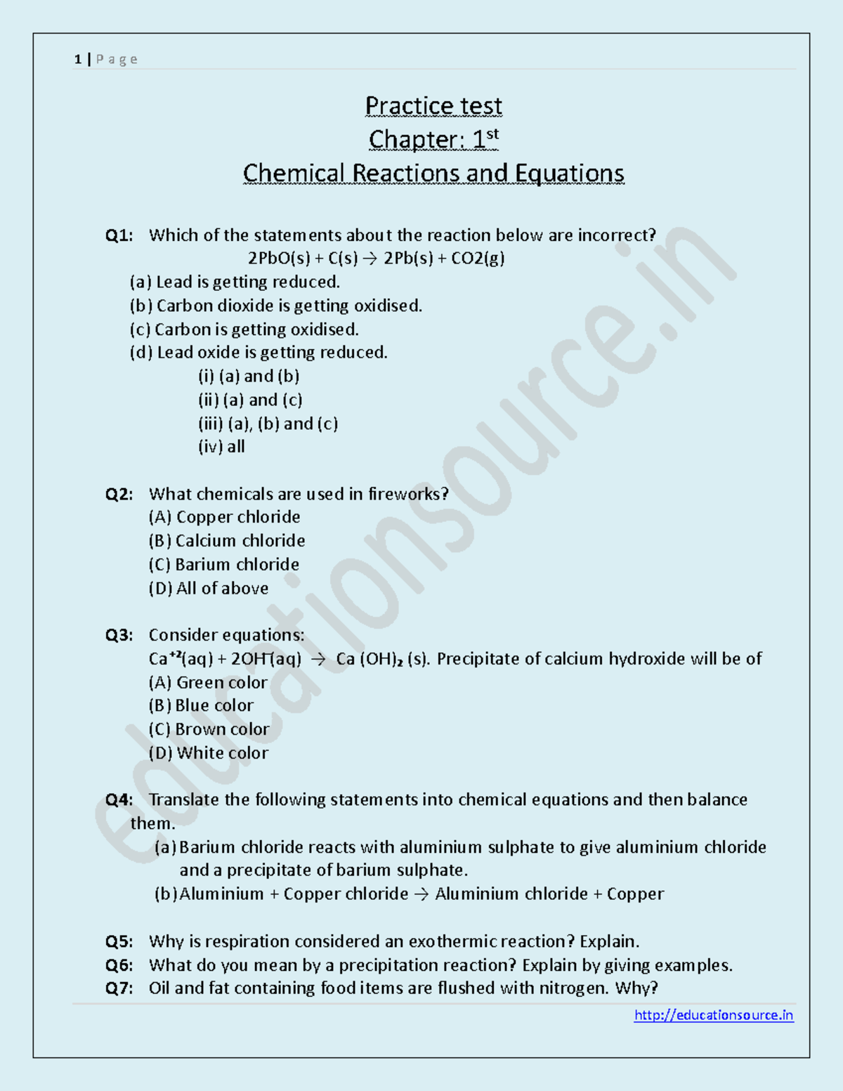 Chapter 1 Chemical Reactions and equations - 1 | P a g e ...