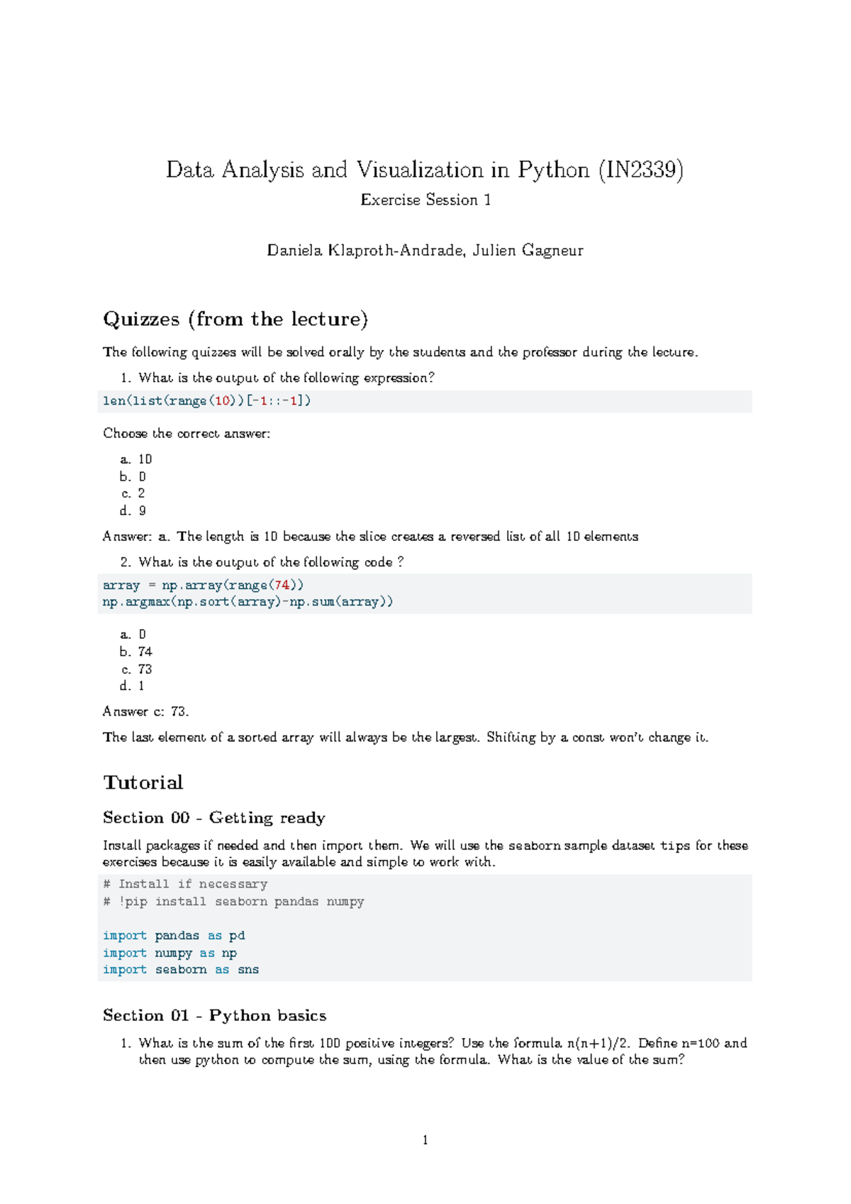 Data Analysis and Visualization in Python (IN2339) Exercise 01 Solutions - Studocu