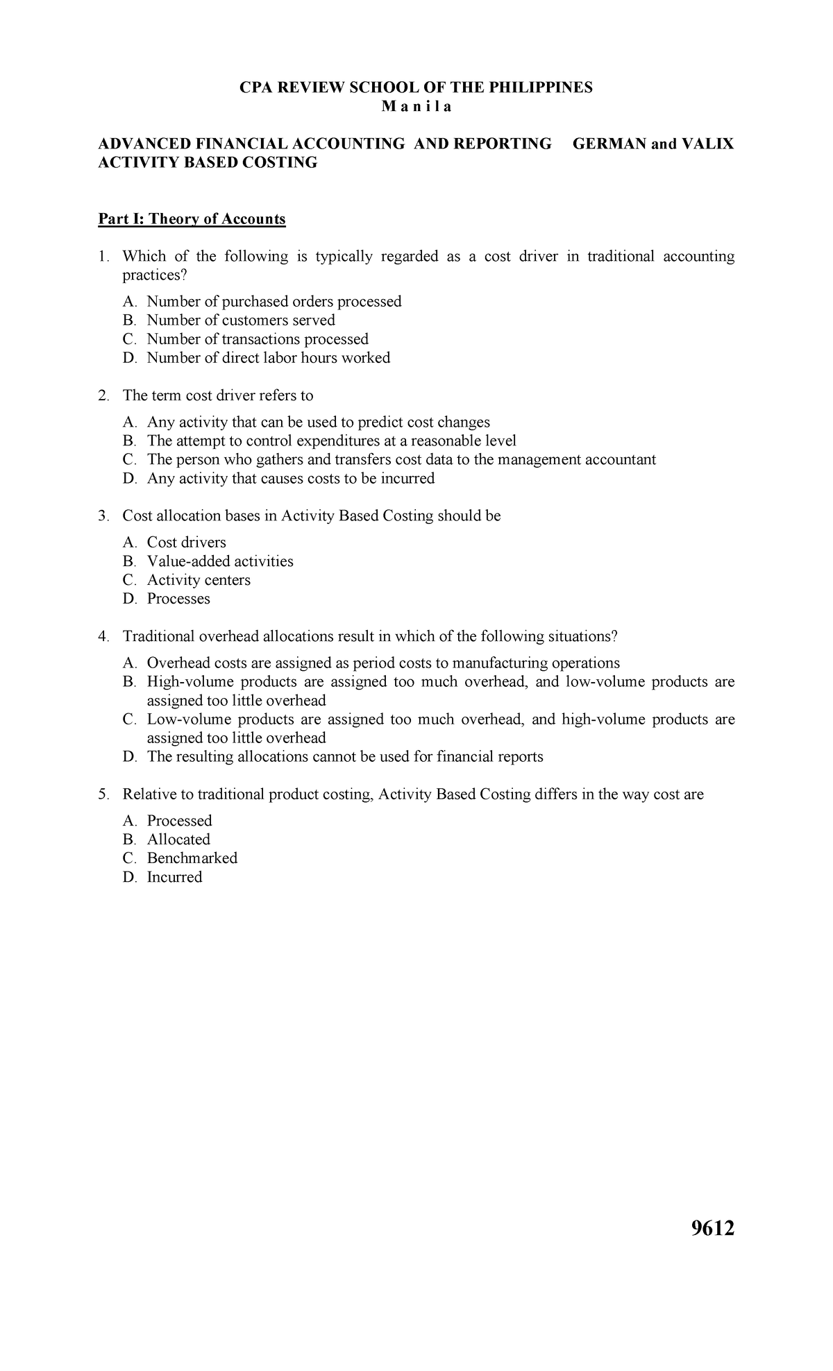 CPA 9612 Activity Based Costing: Theory & Problem Solving Guide - Studocu